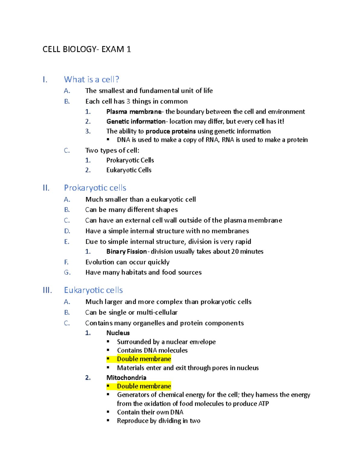 CELL Biology EXAM 1 Comprehensive Outline and Key Concepts - Studocu