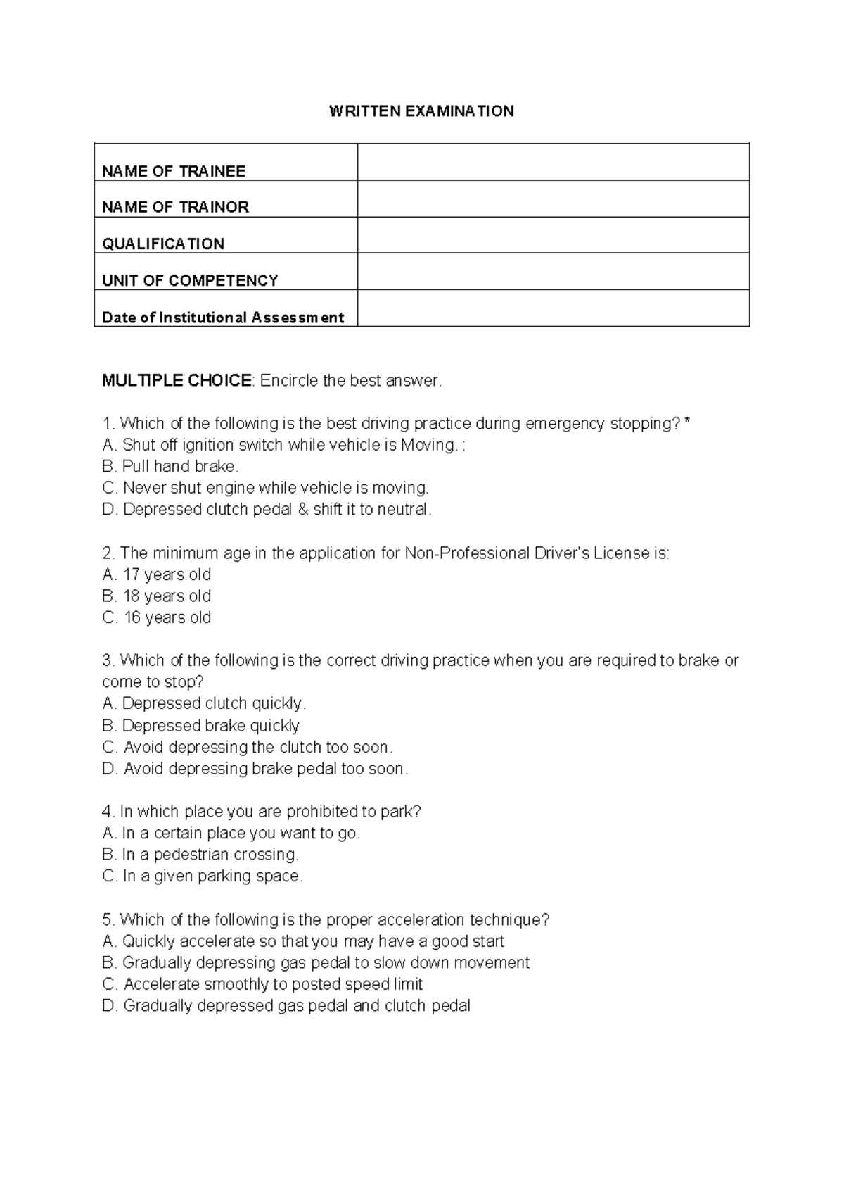 Driving NC II Institutional Assessment Tool: Written Exam & Rating ...
