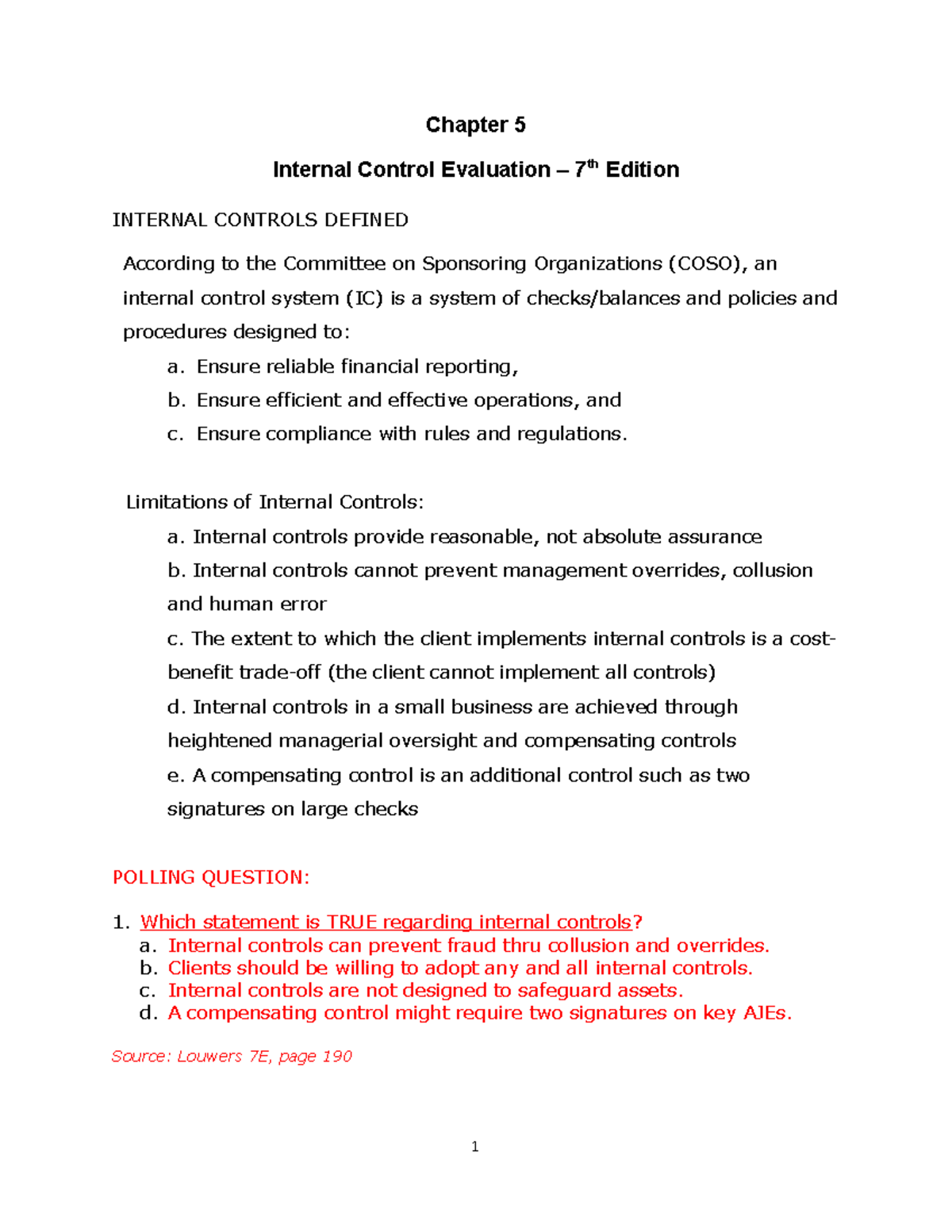 Chapter 5 - Internal Control Systems and Their Limitations (ACCT 320 ...