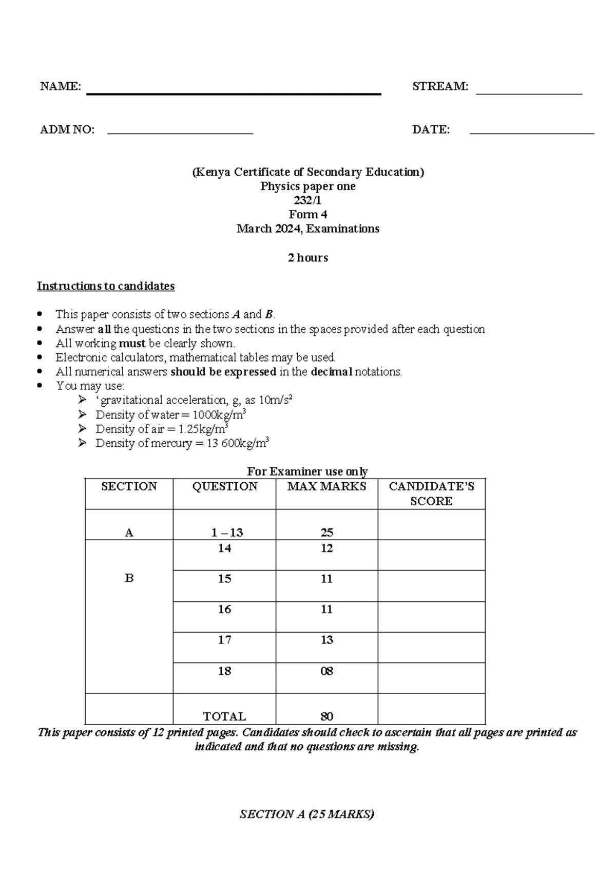 KCSE 2024 - Physics Paper 1 & 2 Examination Questions and Answers - Studocu