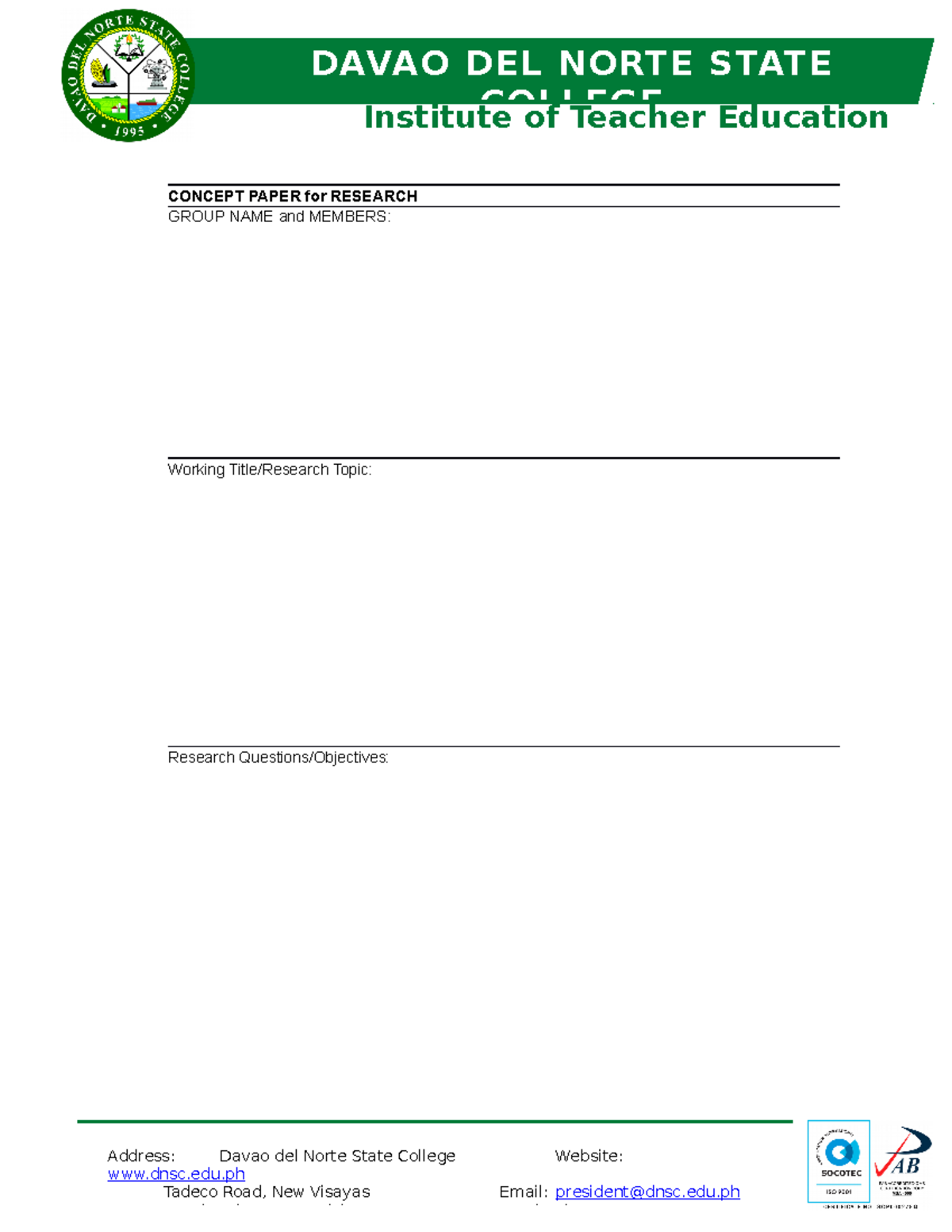 Concept Paper Format for Research at Davao del Norte State College ...