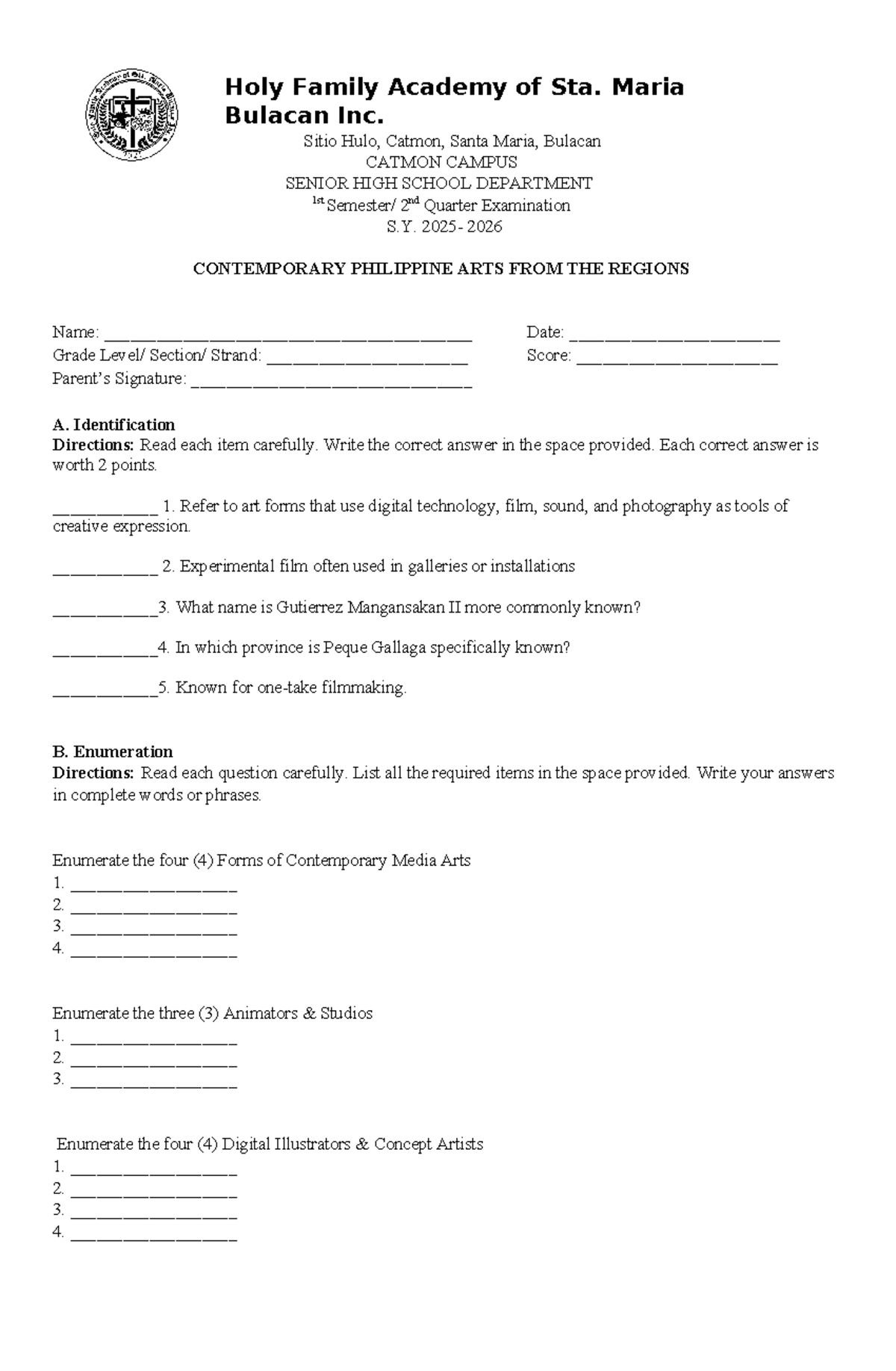 2ND QUARTER EXAMINATION IN CPAR (HumSS, TVL, STEM, ABM) - Studocu