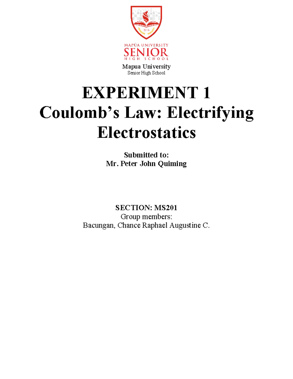 PHY02_Coulomb's Law Experiment Analysis - Studocu