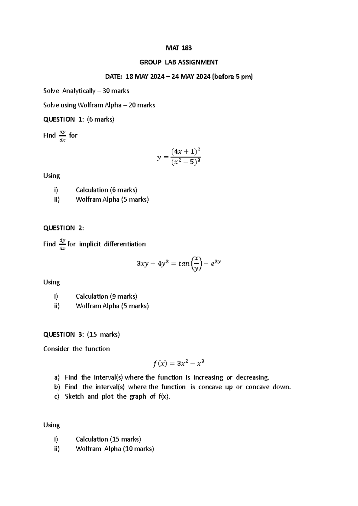 Lab Assignment MAT183 - MAT 183 GROUP LAB ASSIGNMENT DATE: 18 MAY 2024 ...