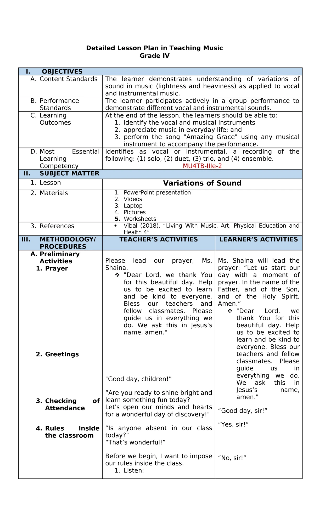 Detailed Lesson Plan (MU4DY-IIIf) - Exploring Sound Volume for Grade IV ...