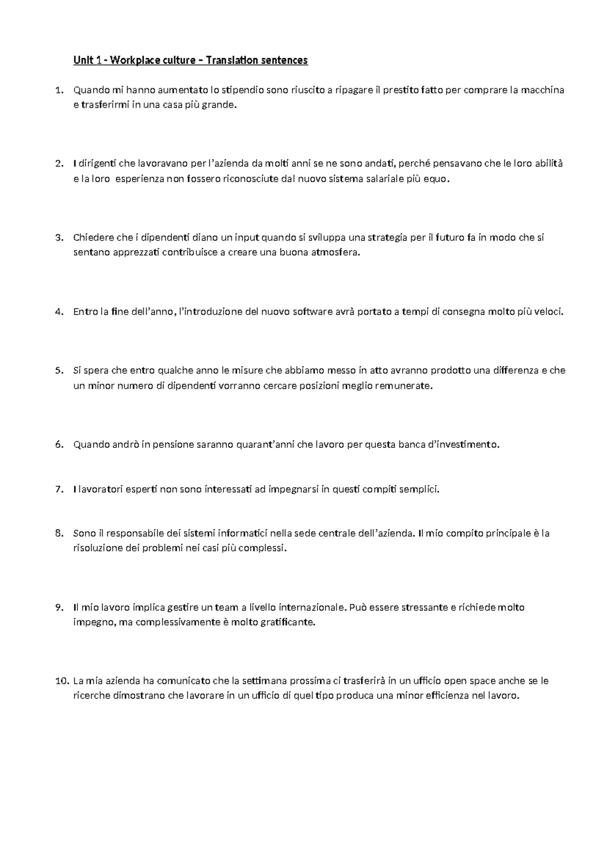 Unit 1 Workplace Culture Translation Sentences - NO Key - Studocu