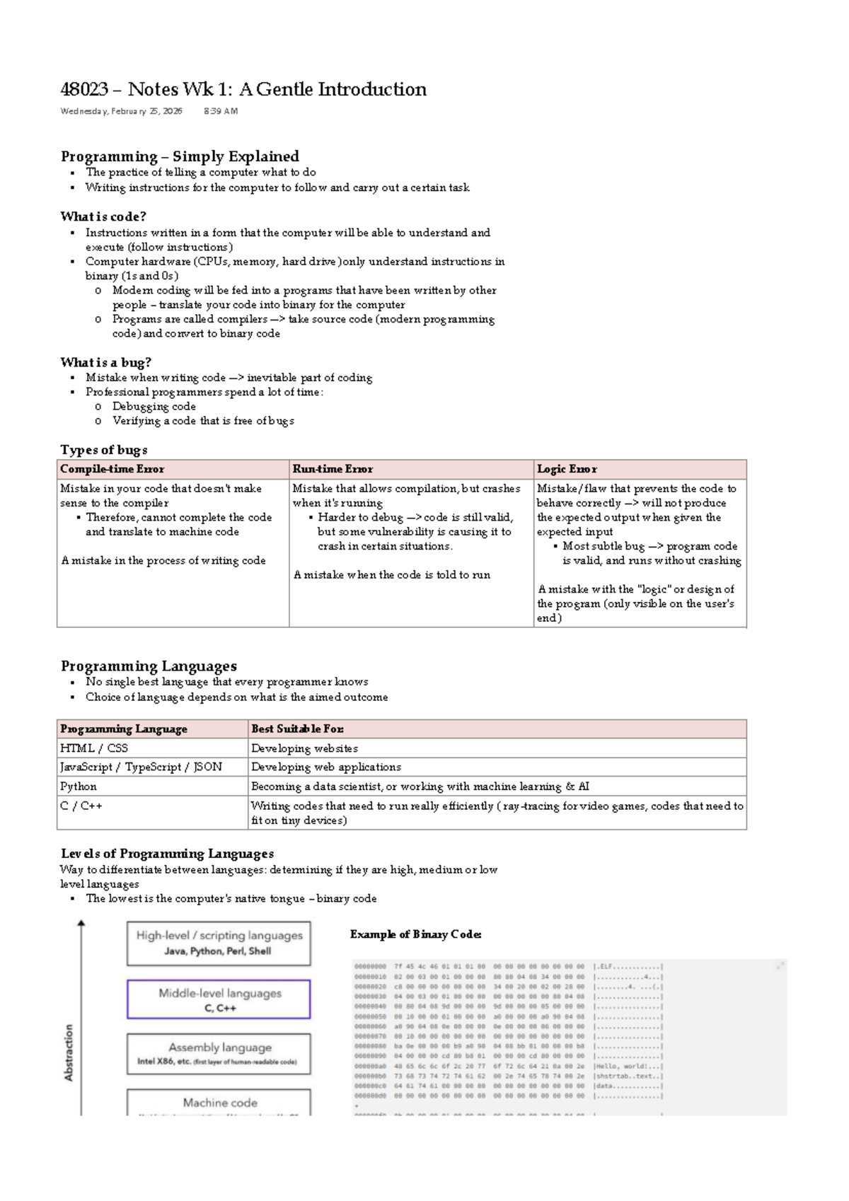 48023 Notes Wk 1: Intro to Programming Concepts and Bugs - Studocu