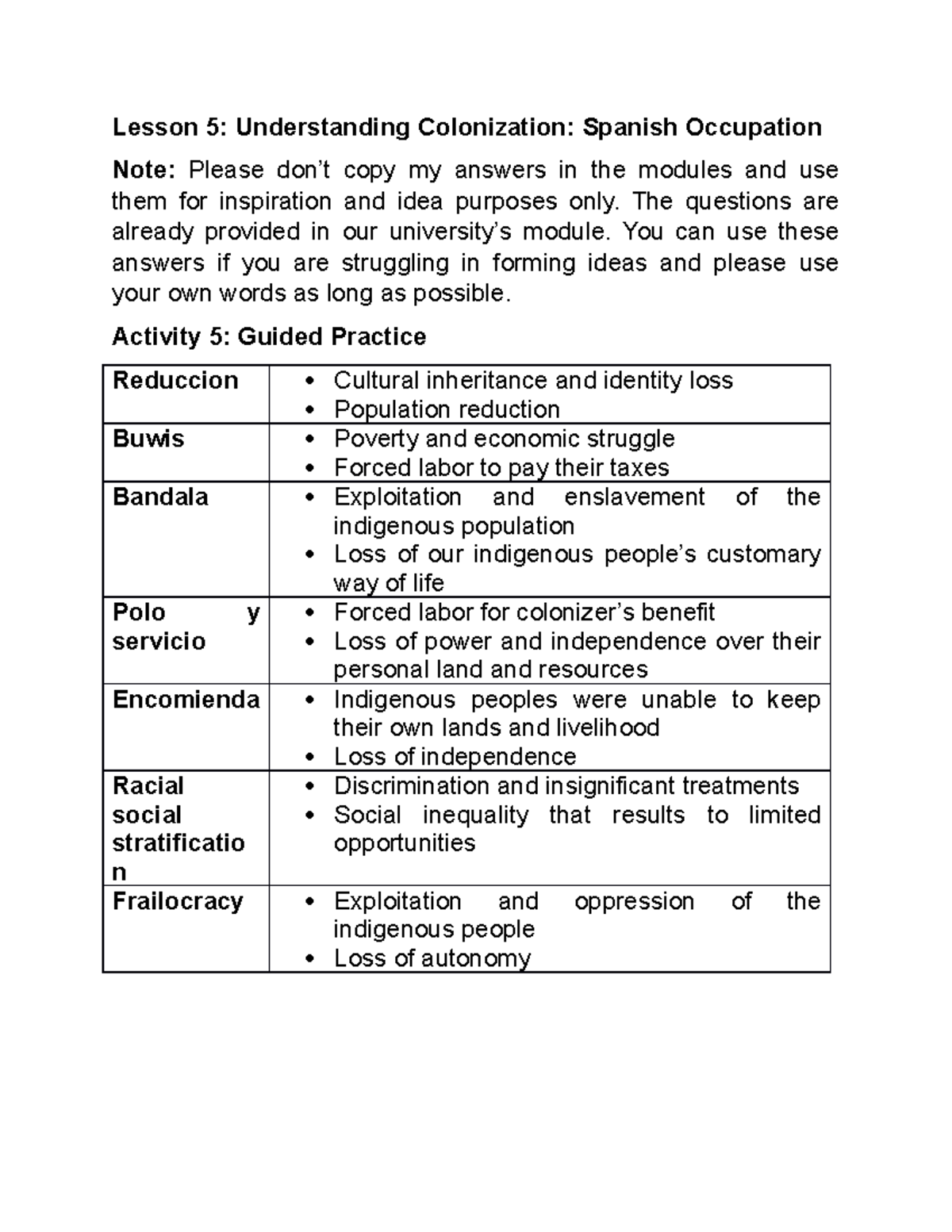 GEN 004 Lesson 5 Answers - Lesson 5: Understanding Colonization ...