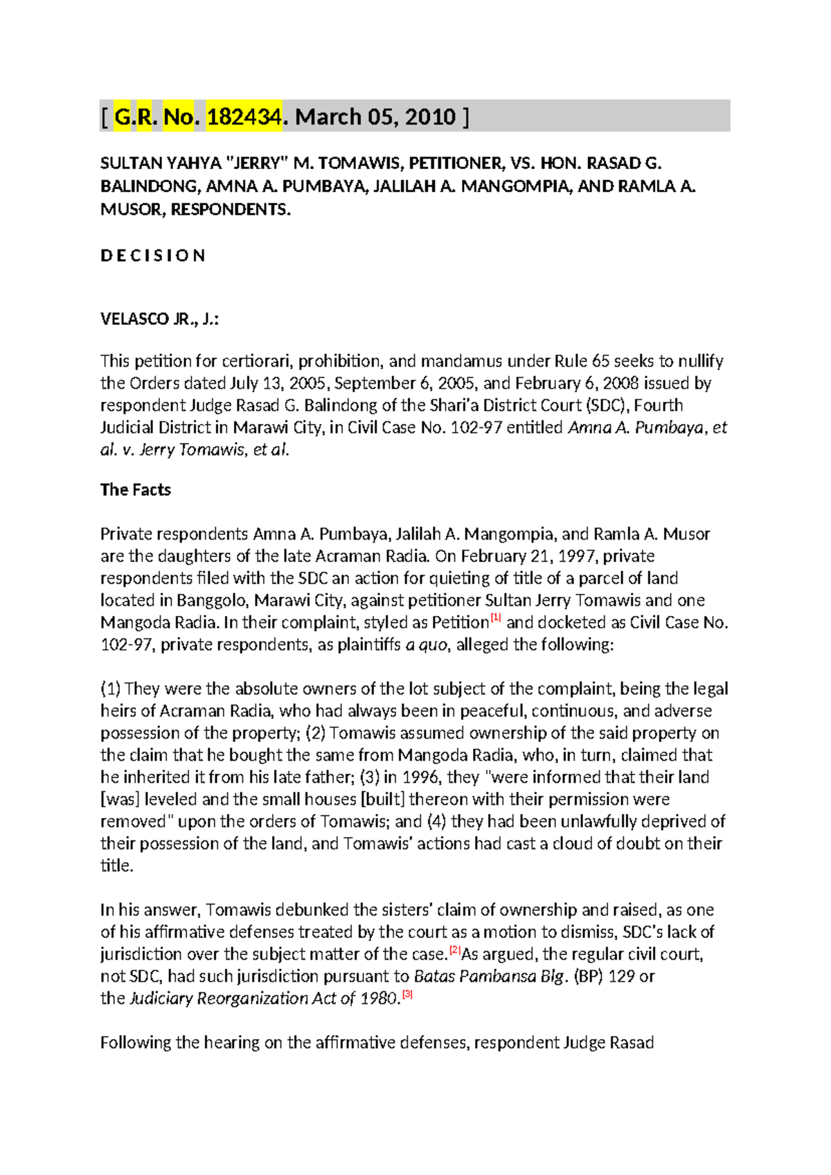 SSBE (CMPL) Case Study: Tomawis vs. Hon. Balindong Decision Analysis ...