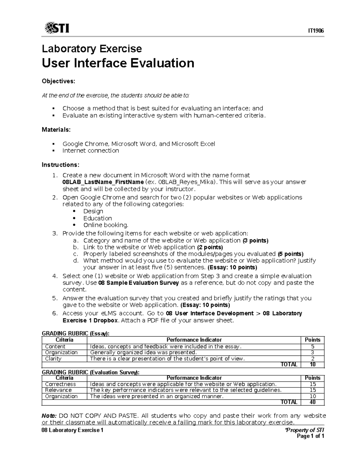 IT1906 Lab Exercise: User Interface Evaluation Guide - Studocu
