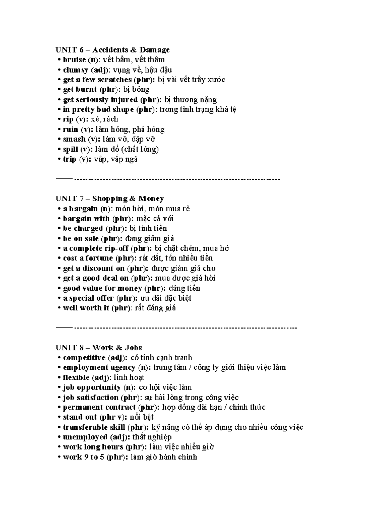Vocabulary - Tiếng Anh: Unit 6 Accidents, Shopping, and Work - Studocu