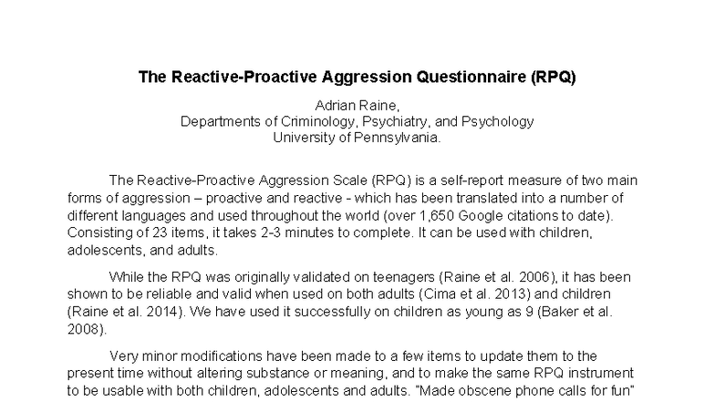 Reactive Proactive Aggression Questionnaire (RPQ) Overview - Studocu