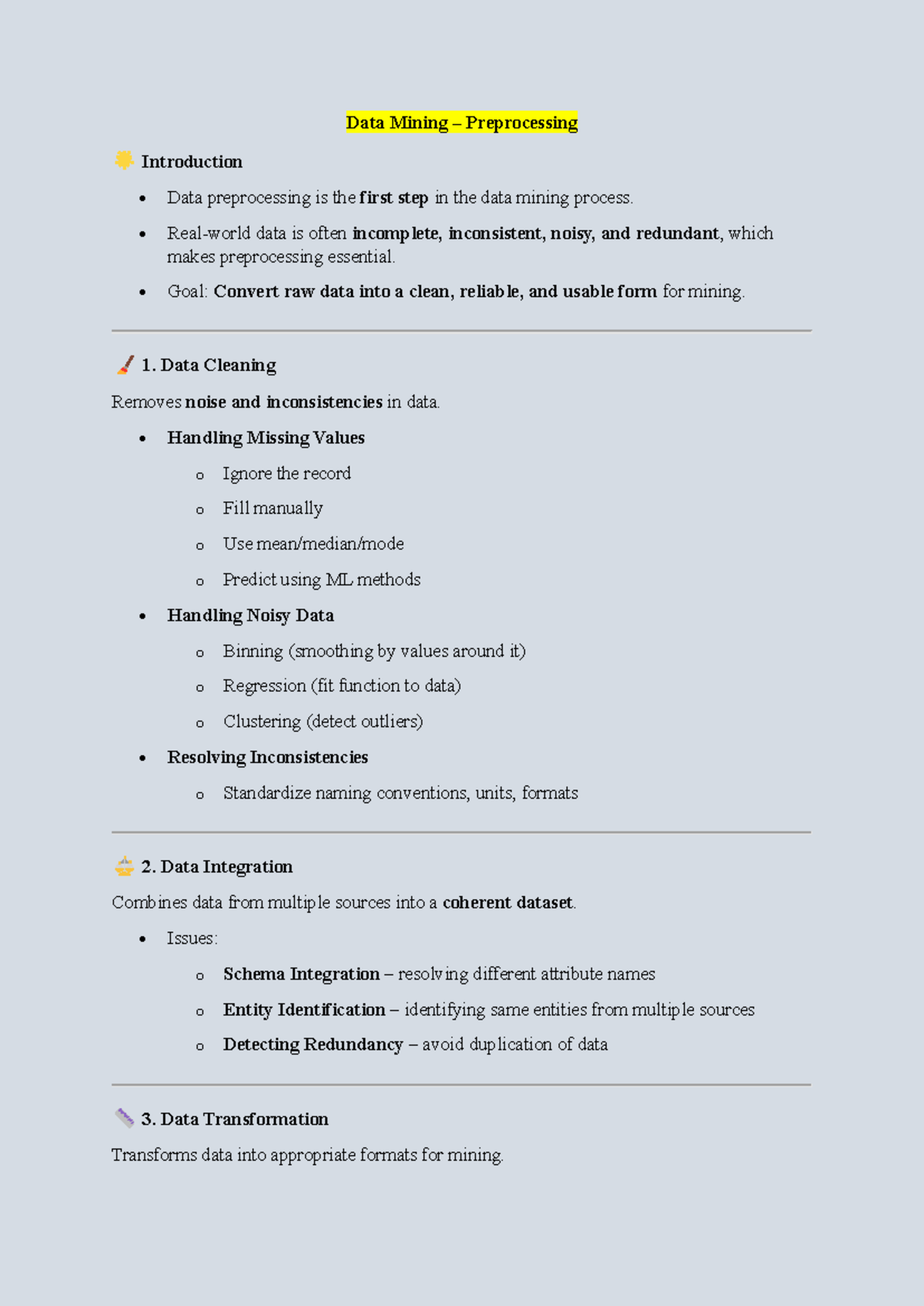 Data Mining (DM101) Unit 2: Preprocessing & Data Types Overview - Studocu
