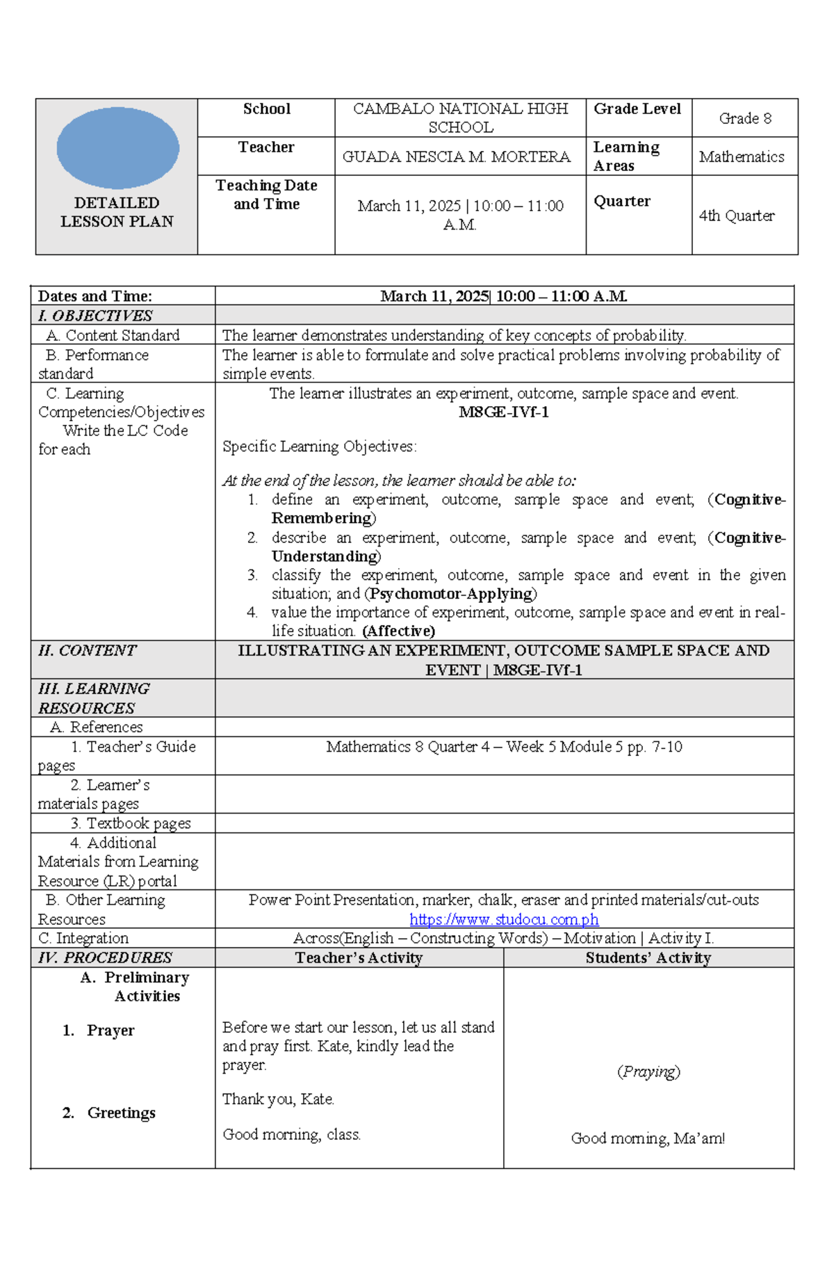 Guada's Final demo lp - math lesson plan. - DETAILED LESSON PLAN School ...