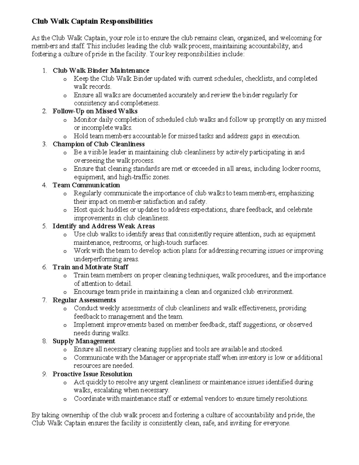 Club Walk Captain Duties and Responsibilities Guide - Studocu