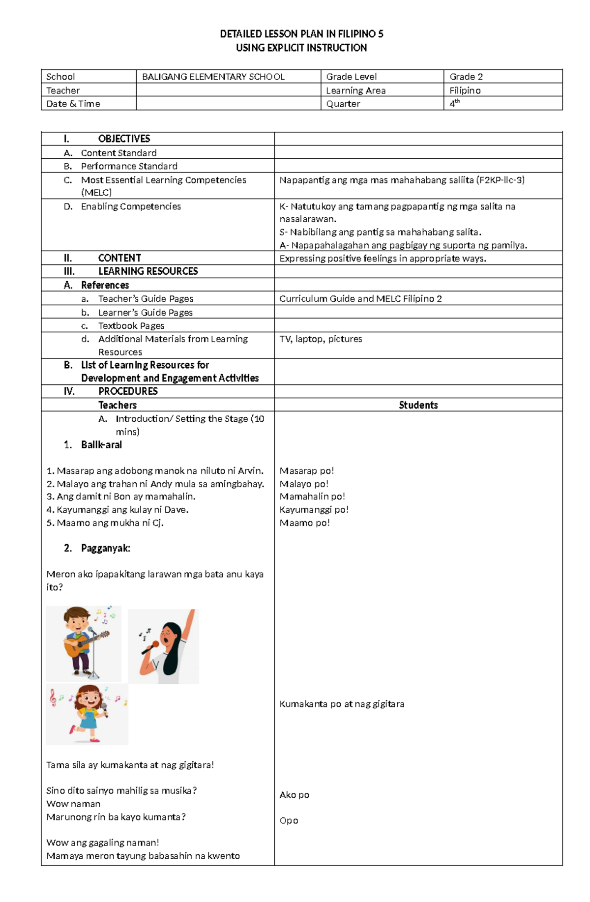 Detailed Lesson Plan for Grade 2 Filipino: Positive Emotions (F2KP-llc ...