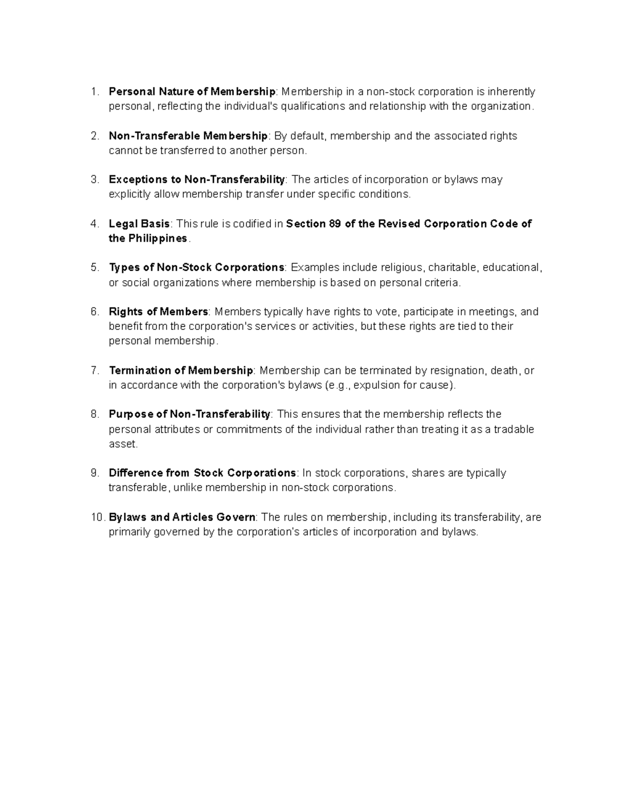 Key Points on Membership in Non-Stock Corporations: An Overview - Studocu