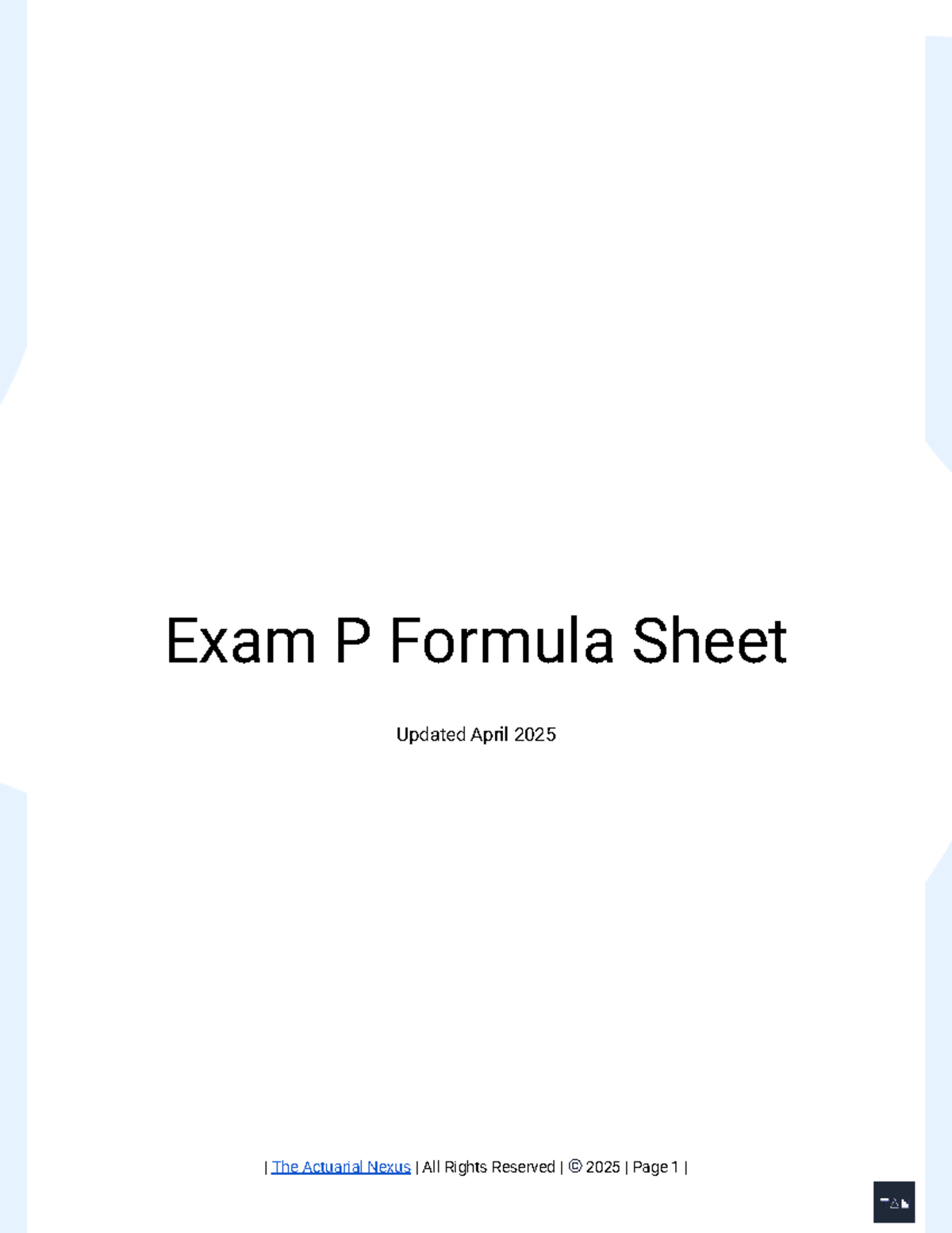 Exam P Formula Sheet - Actuarial Probability Concepts (April 2025 ...
