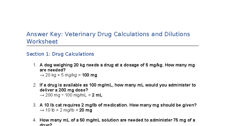 Veterinary Drug Calculations & Dilutions Worksheet Answer Key - Studocu