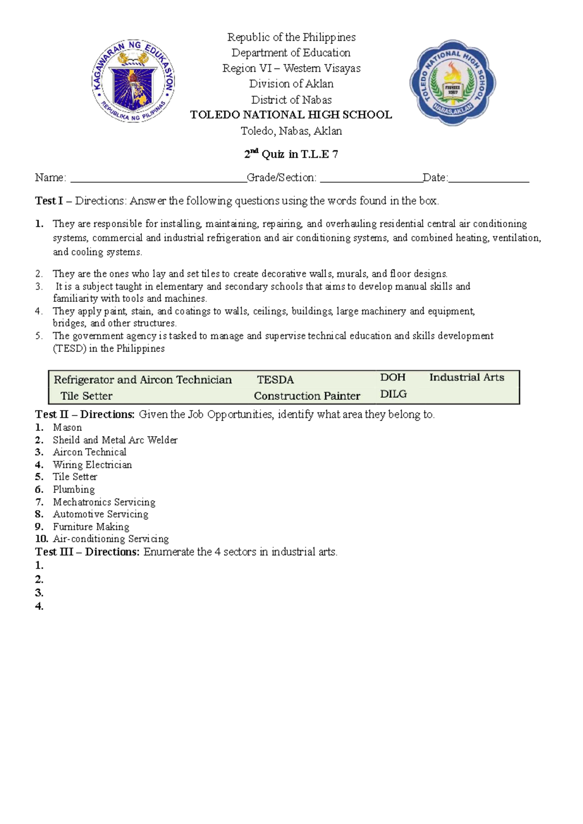 2ND QUIZ IN TLE - Assignment in TLE - Republic of the Philippines ...