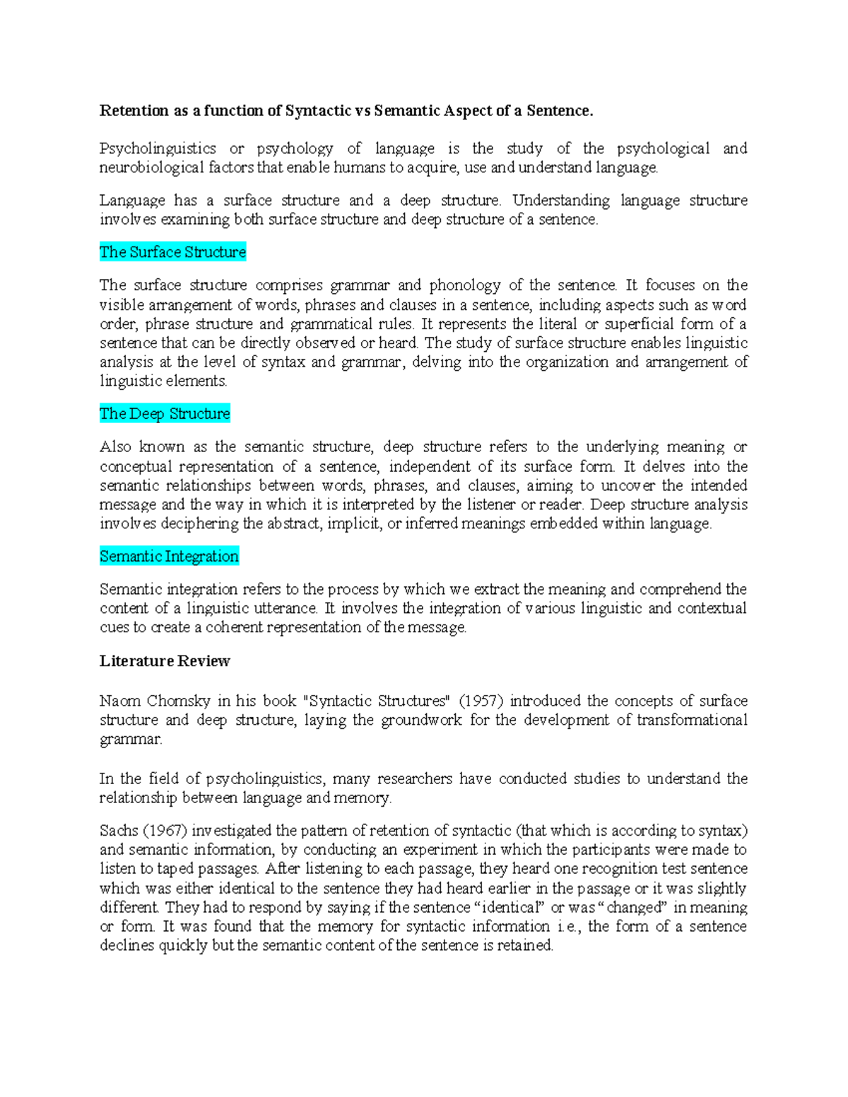 Semantic Integration - Retention as a function of Syntactic vs Semantic Aspect of a Sentence ...