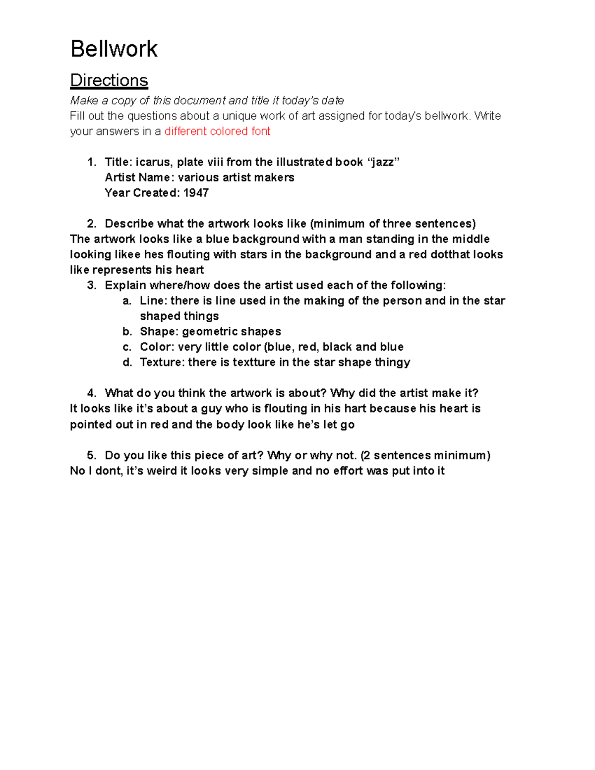 Copy of Describe a Masterpiece Template.docx - Bellwork Directions Make ...