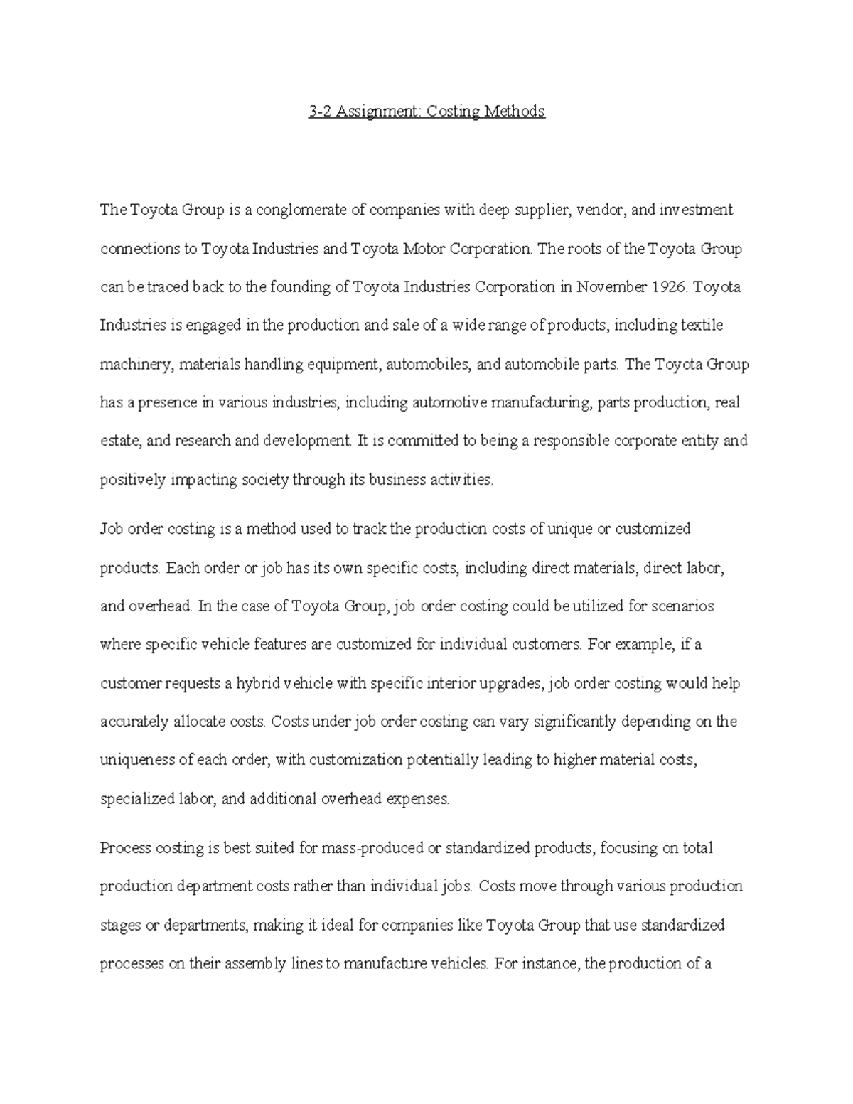 3-2 Assignment: Analyzing Costing Methods at Toyota Group - Studocu