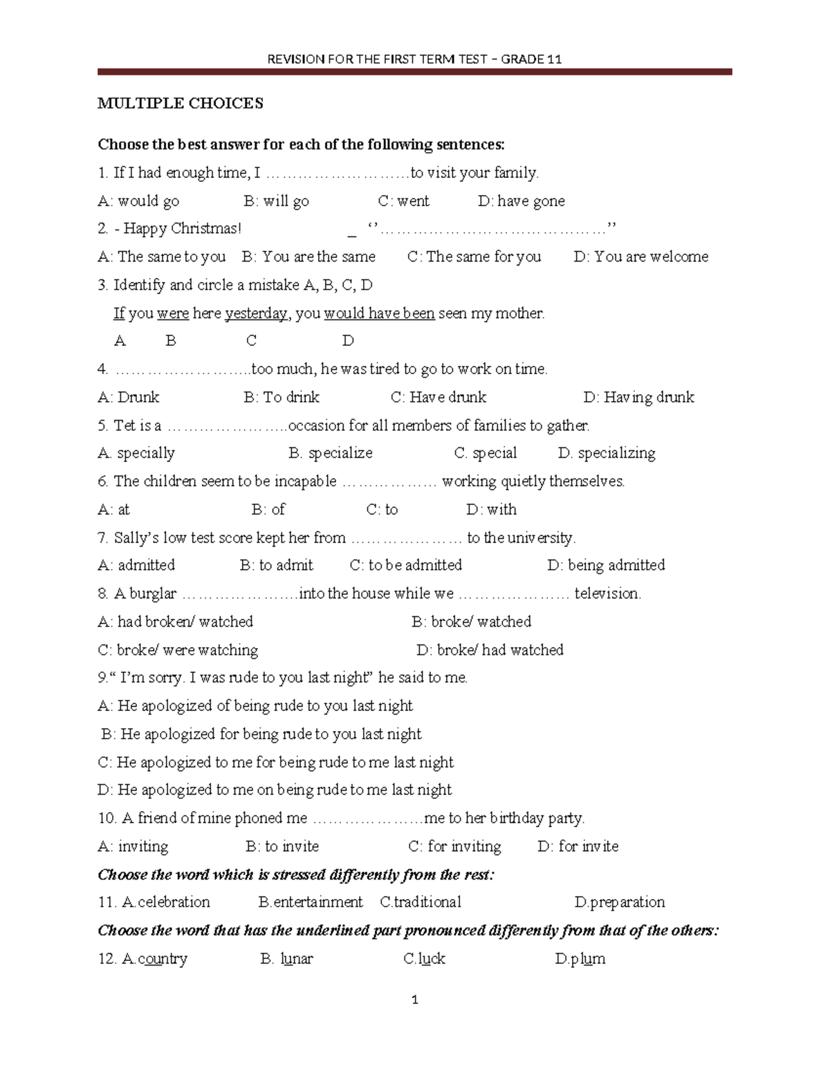 Grade 11 Term 1 Revision: Multiple Choice Questions & Answers - Studocu