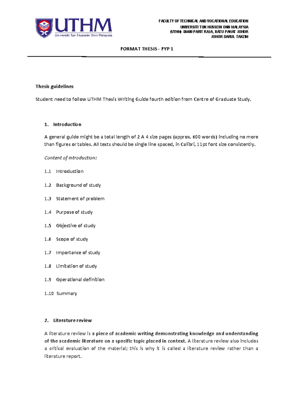 Format Thesis Writting FYP1 - FACULTY OF TECHNICAL AND VOCATIONAL ...