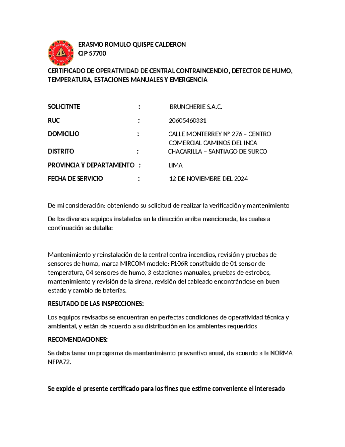 CACI - CERTIFICADO DE OPERATIVIDAD DE SISTEMA CONTRA INCENDIOS - Studocu