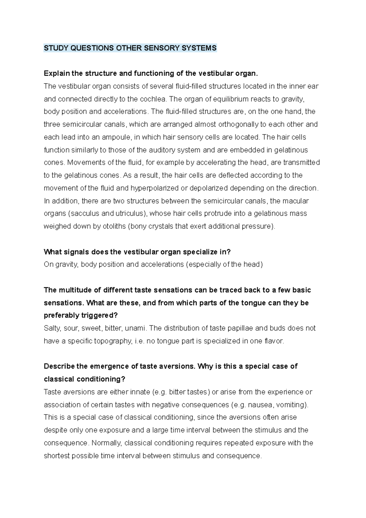 Study questions - Other sensory systems - STUDY QUESTIONS OTHER SENSORY ...