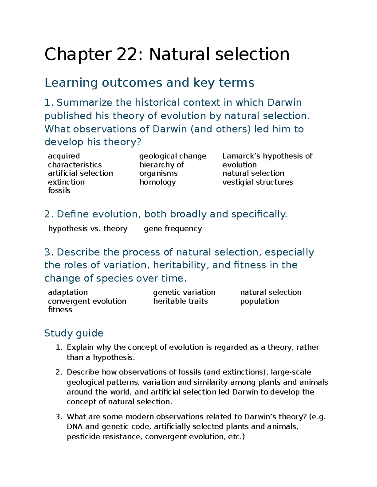 Chapter 22: Natural Selection & Darwin's Theory of Evolution Notes ...