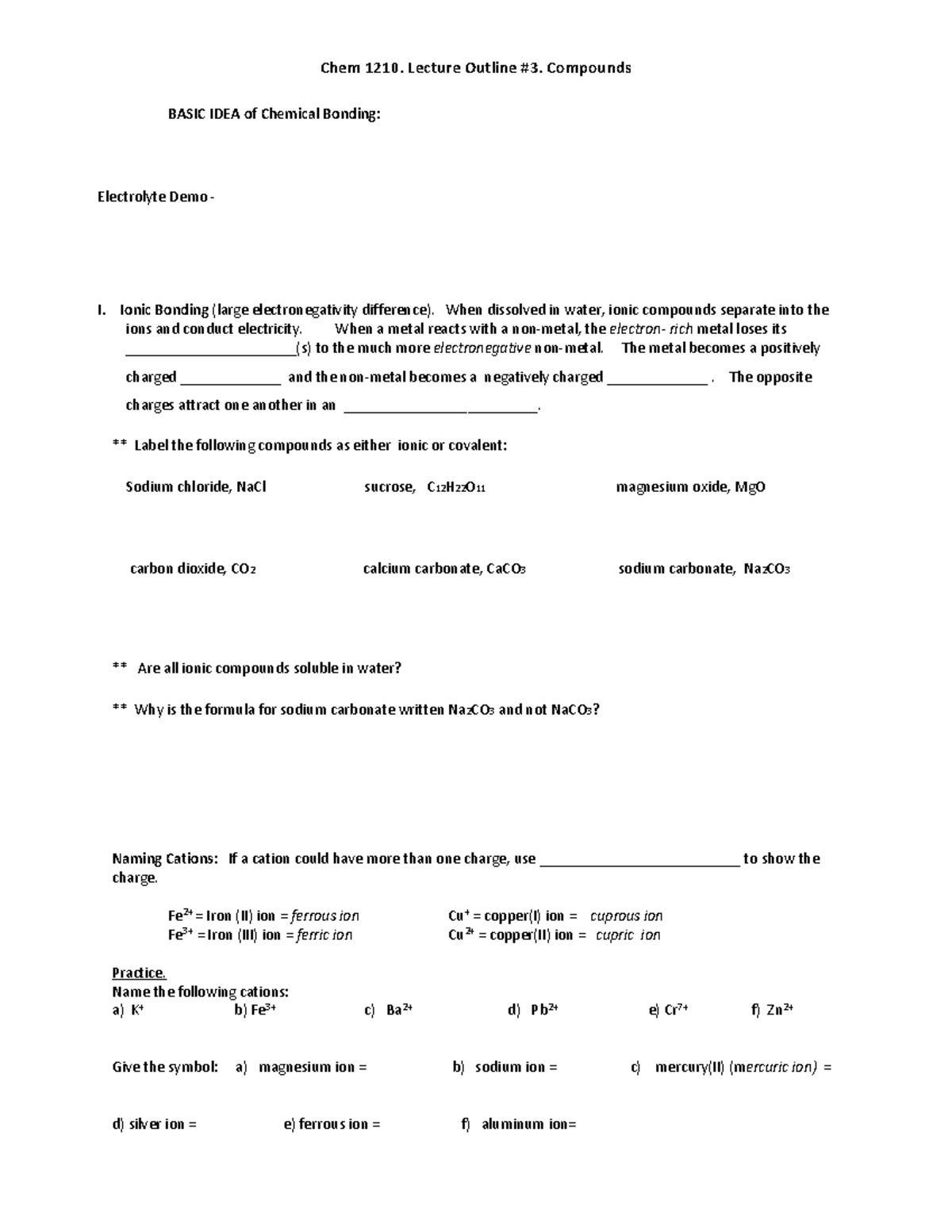 Chem 1210. Lecture Outline #3: Ionic & Covalent Bonding Concepts - Studocu