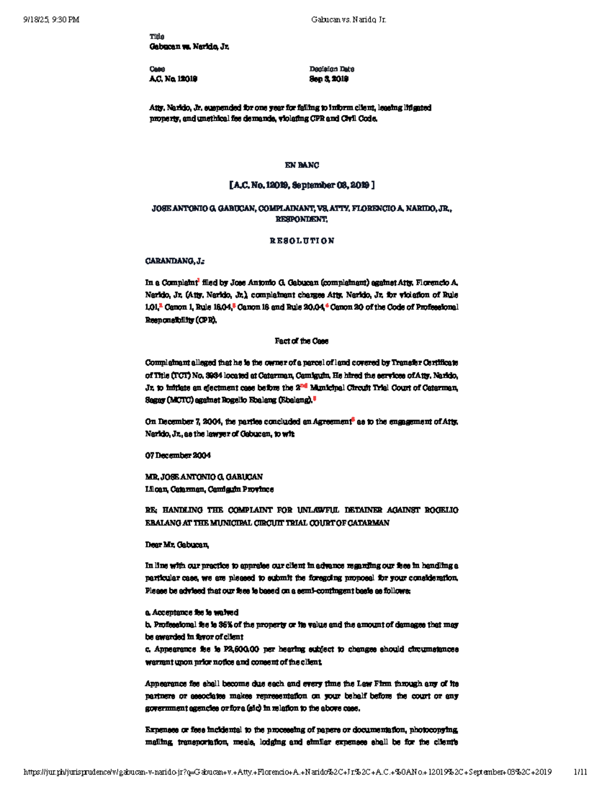 A.C. No. 12019: Gabucan vs. Narido, Jr. Case Decision Analysis - Studocu