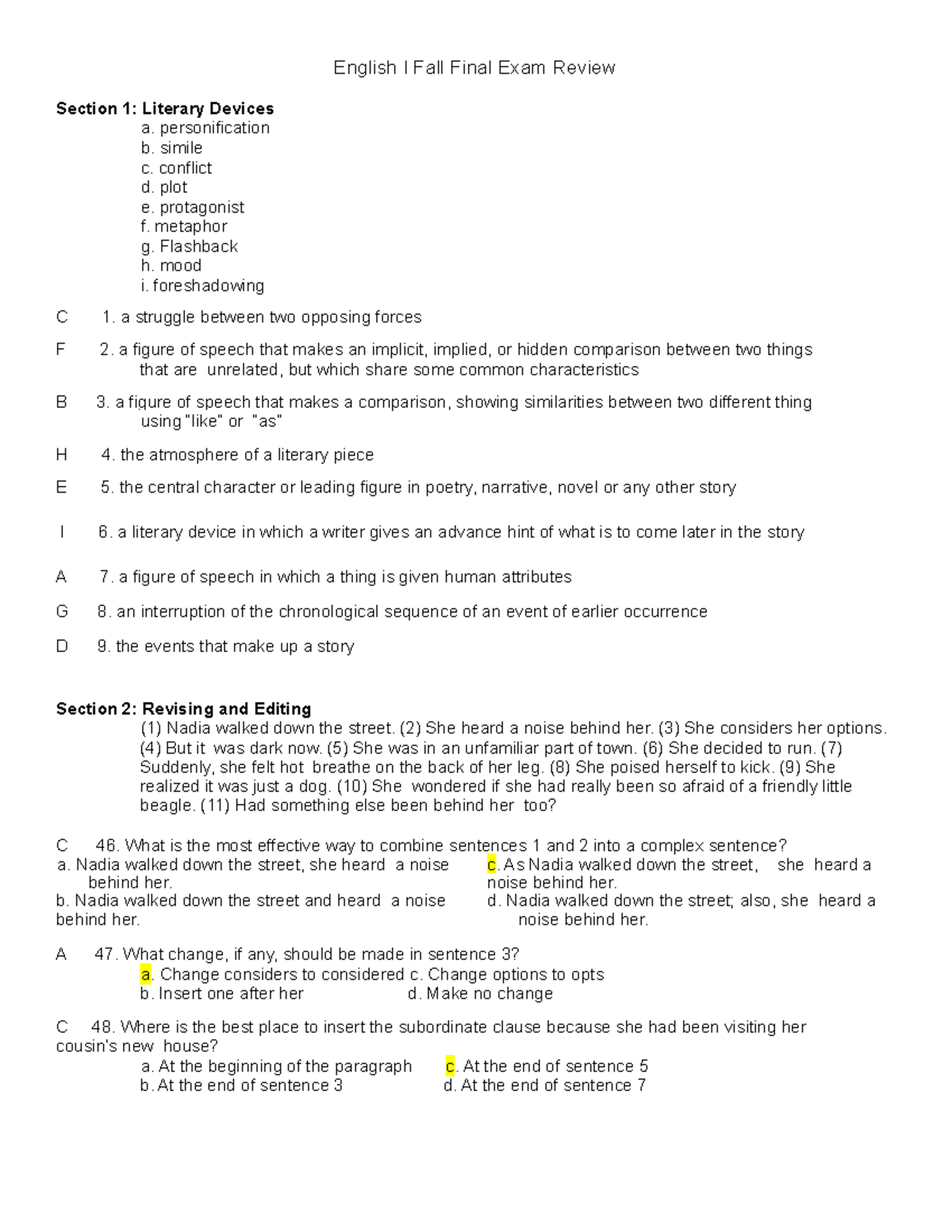 English I Fall Final Exam Review (2020-21) - Studocu