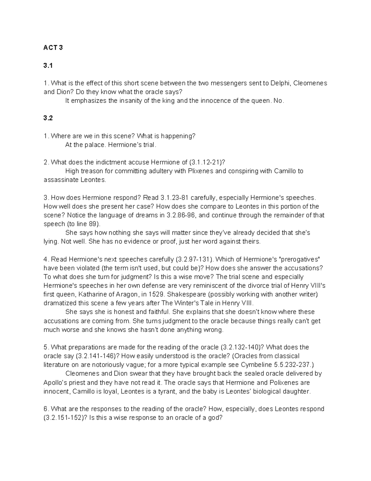 Winters Tale Act 3: Key Reading Questions & Paraphrase Insights - Studocu