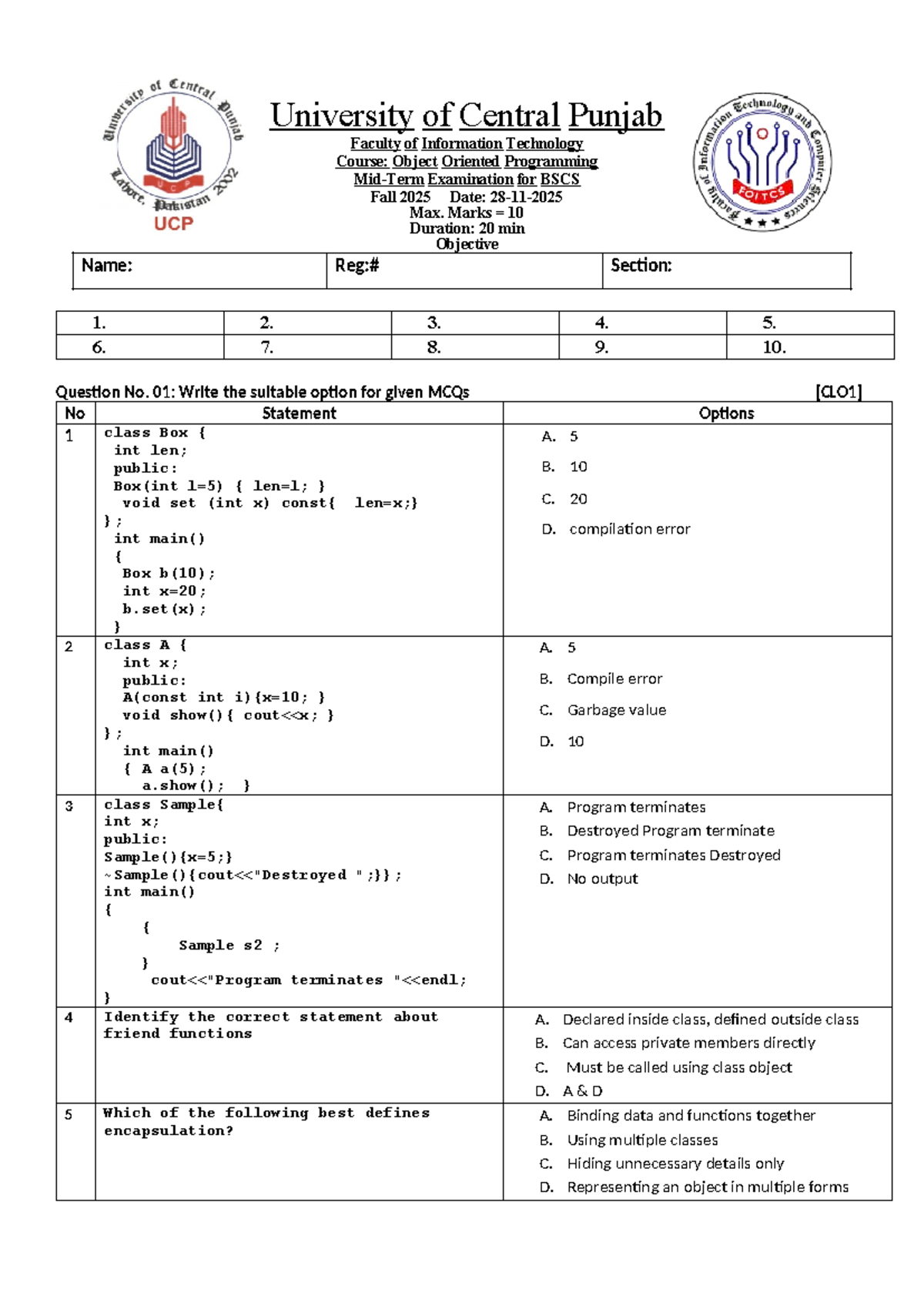 BSCS-Fall2025: OOP Midterm Exam Objective Questions - Studocu