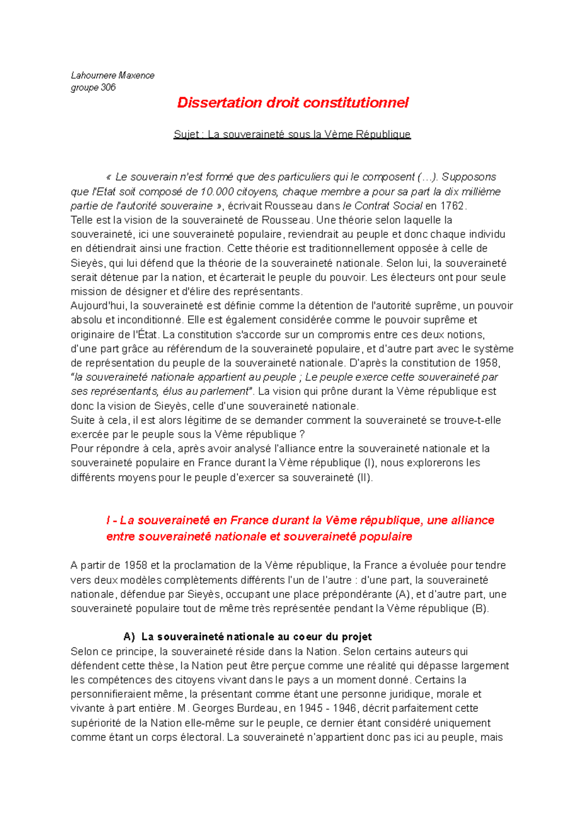 Dissertation droit constitutionnel Vème république - Lahournere Maxence ...