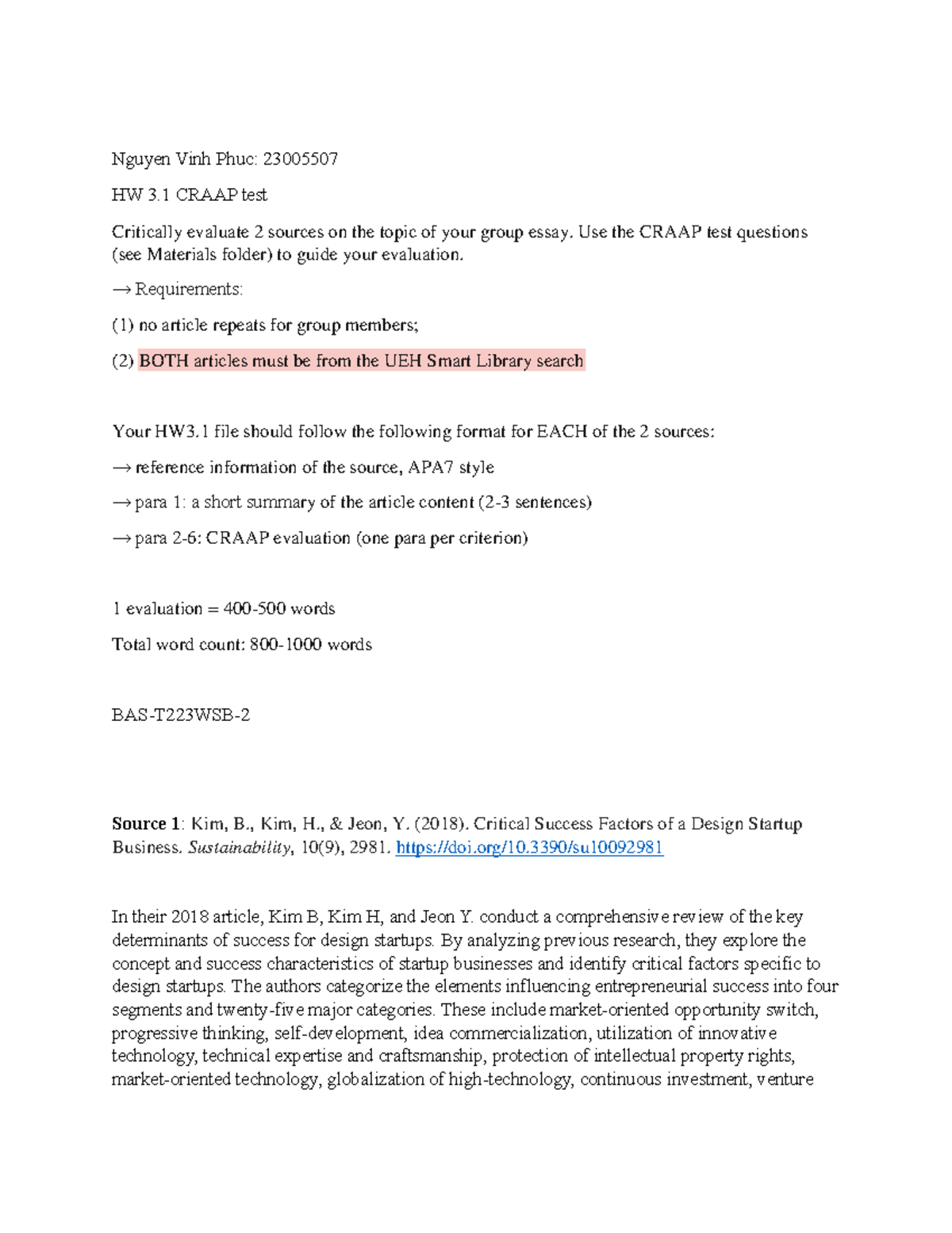 HW3.1: CRAAP Test Evaluation of 2 Sources for Group Essay - Studocu