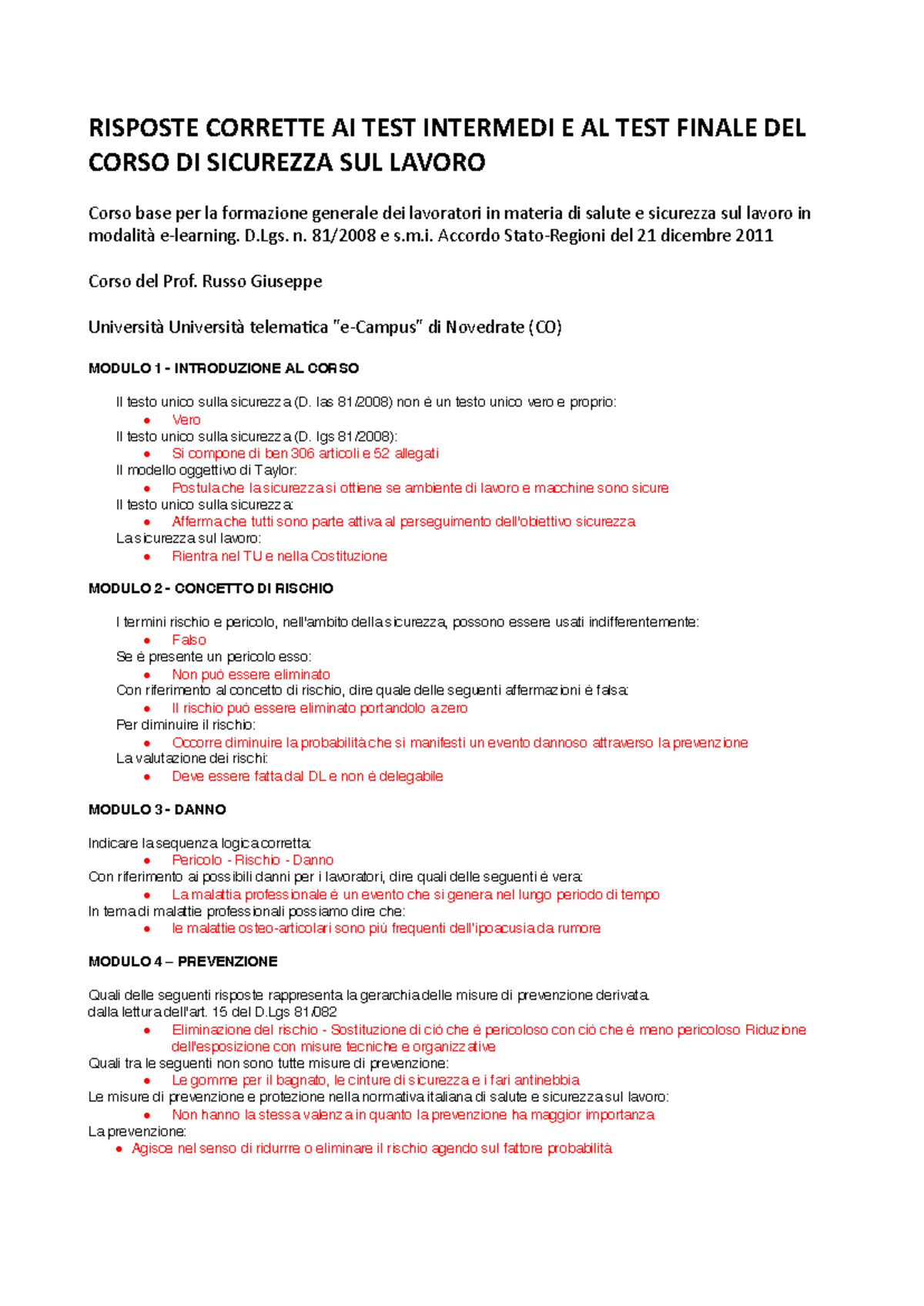 Risposte Test Intermedi e Finale Corso Sicurezza Lavoro - D.Lgs 81/08 ...