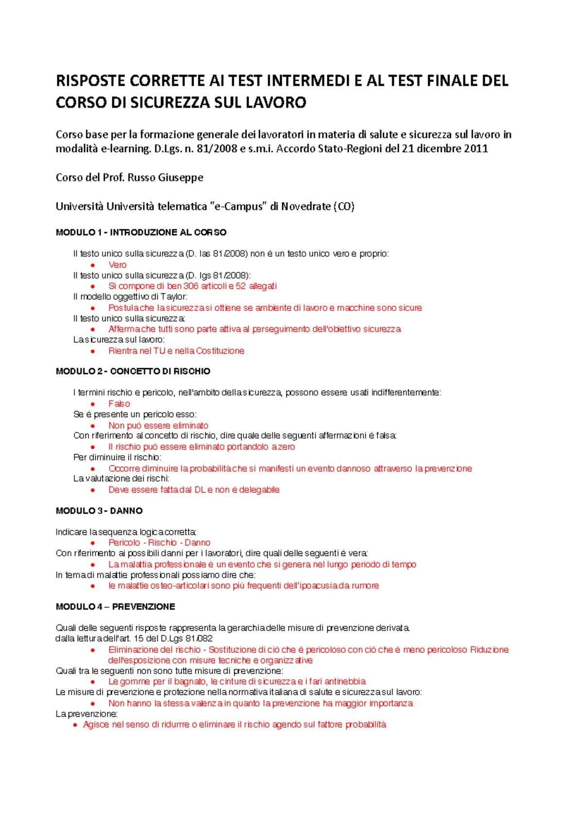 risposte corrette ai test di sicurezza sul lavoro ecampus - Risposte ...