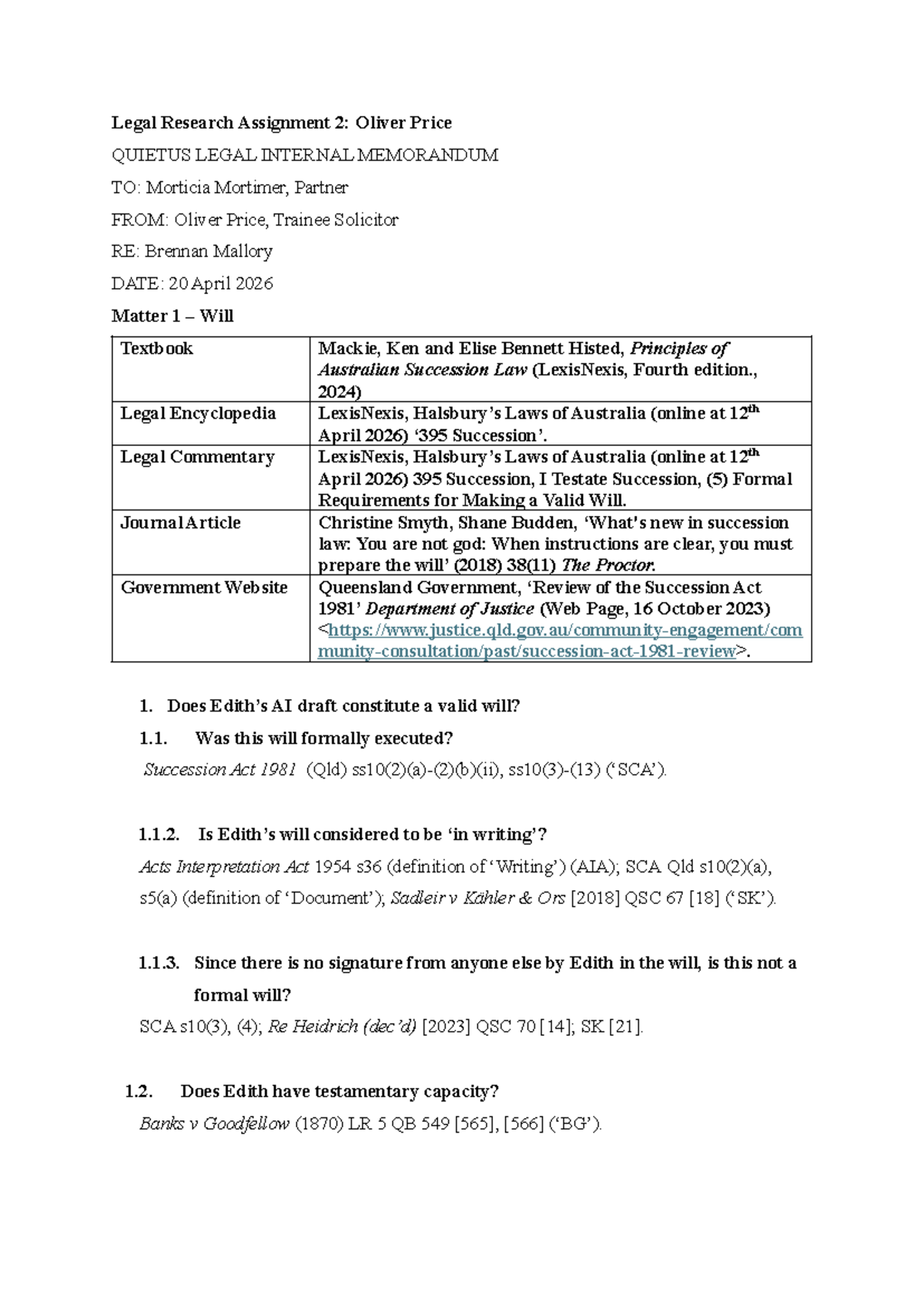 Legal Research Assignment 2: Succession Law Analysis and Case Study ...