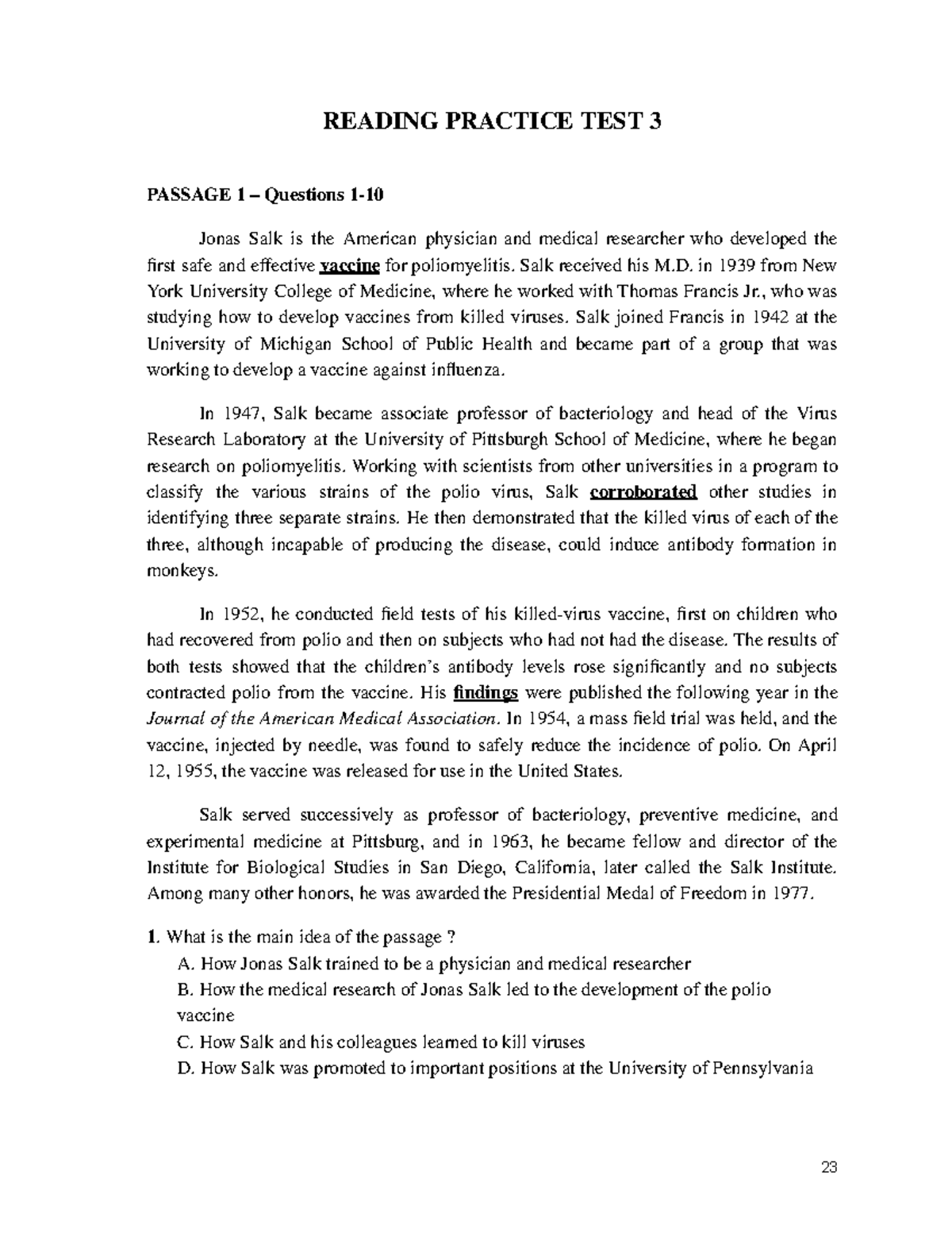 REVIEW OF READING PRACTICE TEST 3: JONAS SALK AND POLIO VACCINE - Studocu