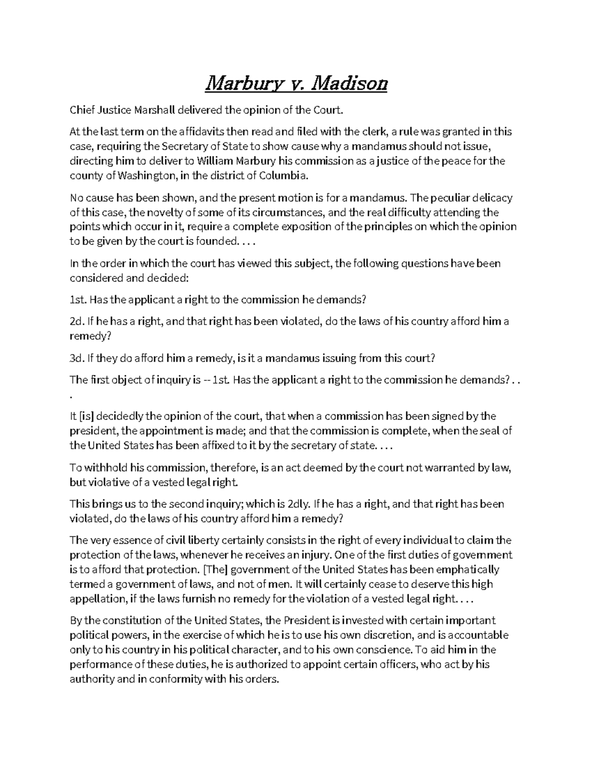 Marbury v. Madison: Supreme Court's Landmark Decision Analysis - Studocu