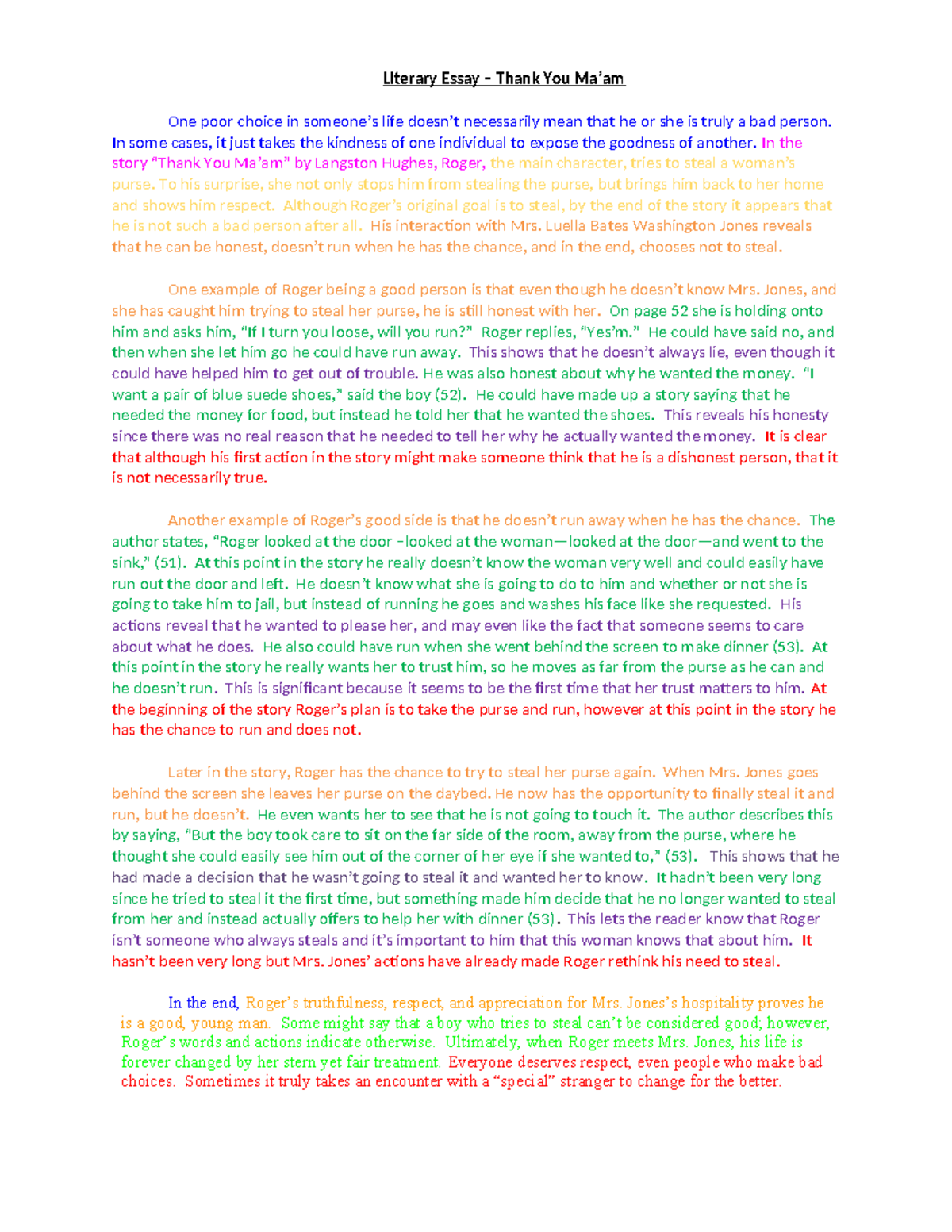 Literary Analysis Essay: Exploring Humanity in "Thank You Ma'am" - Studocu