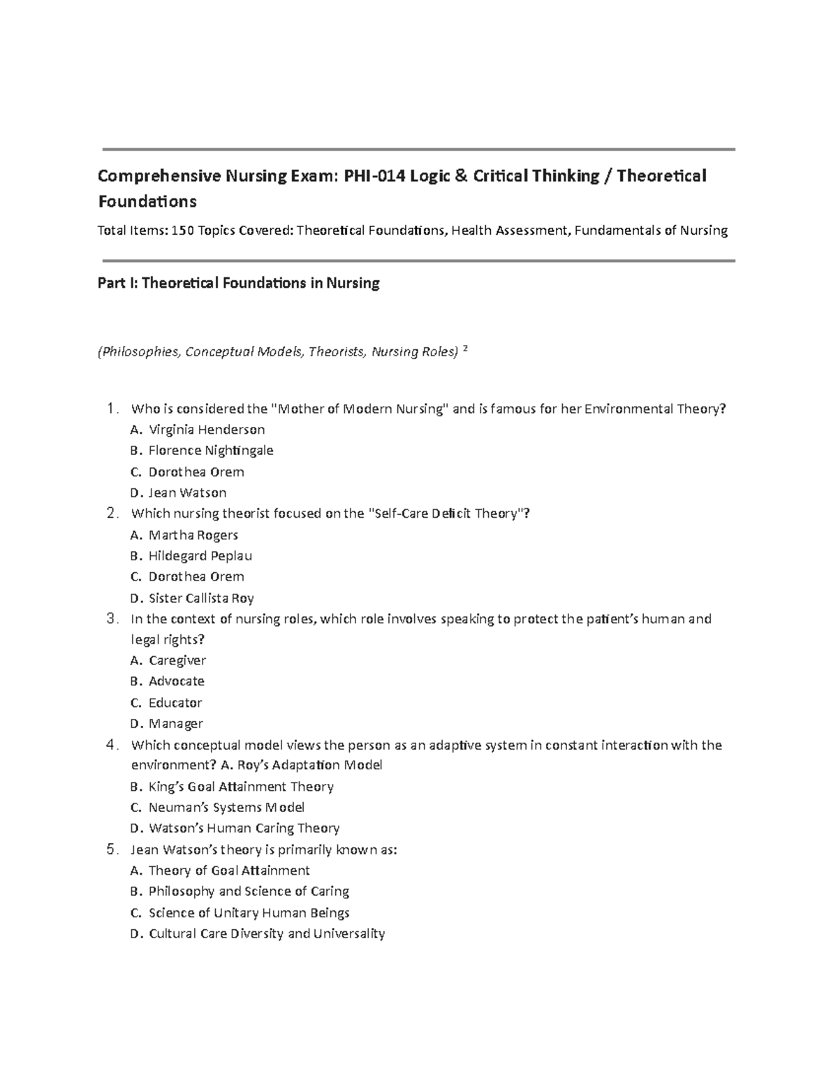 NUR 101: Comprehensive Nursing Exam - Theoretical Foundations & Health ...