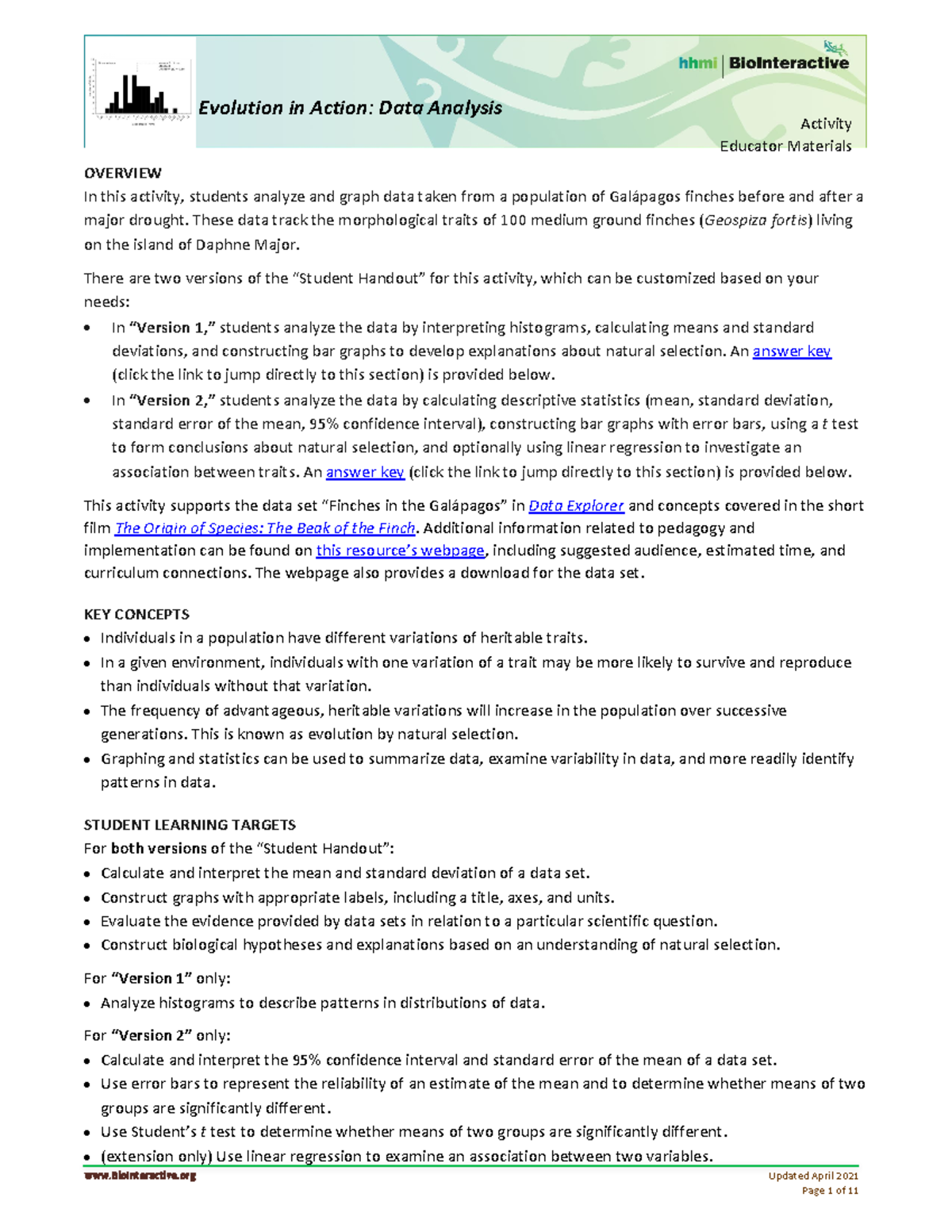 Evolution in Action: Data Analysis (BioInteractive 2021) - Educator ...
