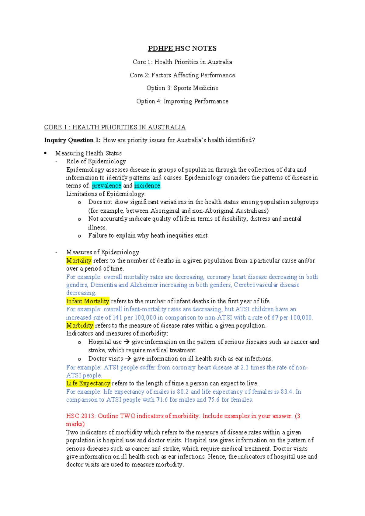 PDHPE HSC Notes: Core 1 & 2 Health Priorities and Performance Factors ...