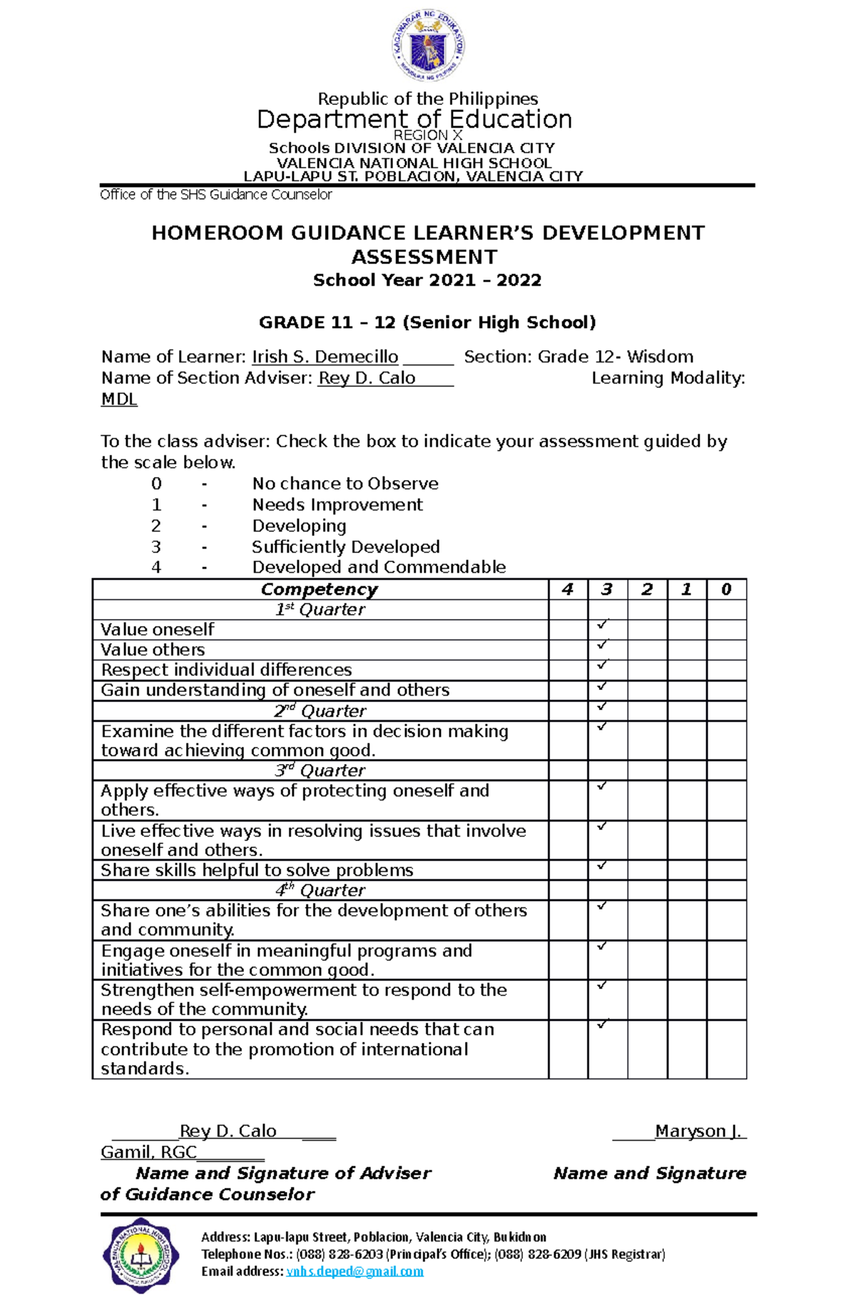 Homeroom Guidance Learner Assessment - Department of Education Schools ...