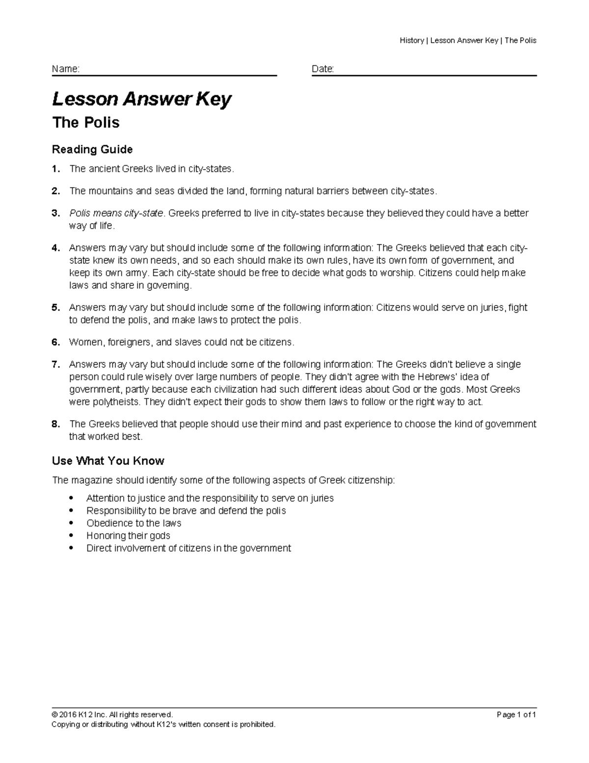 History Lesson Answer Key: The Polis (HIST 101) - Studocu